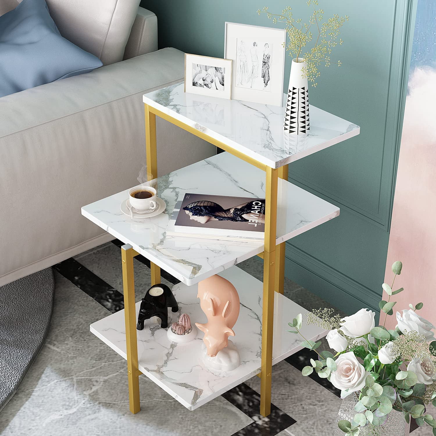 Small End Table,3-Tier Gold Side Table,Rectangle Bedside Tables ...