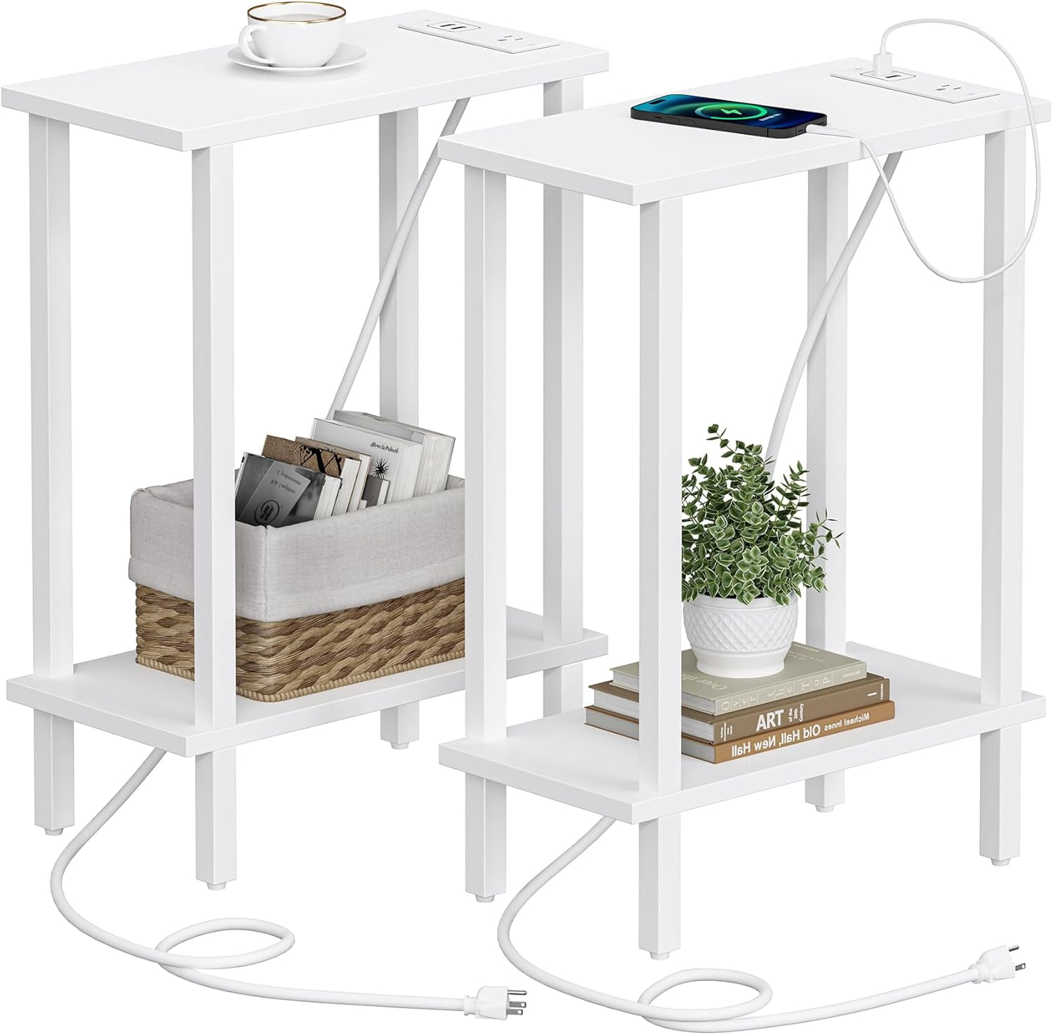 Small End Table with Charging Station, Narrow Side Table with USB Ports ...