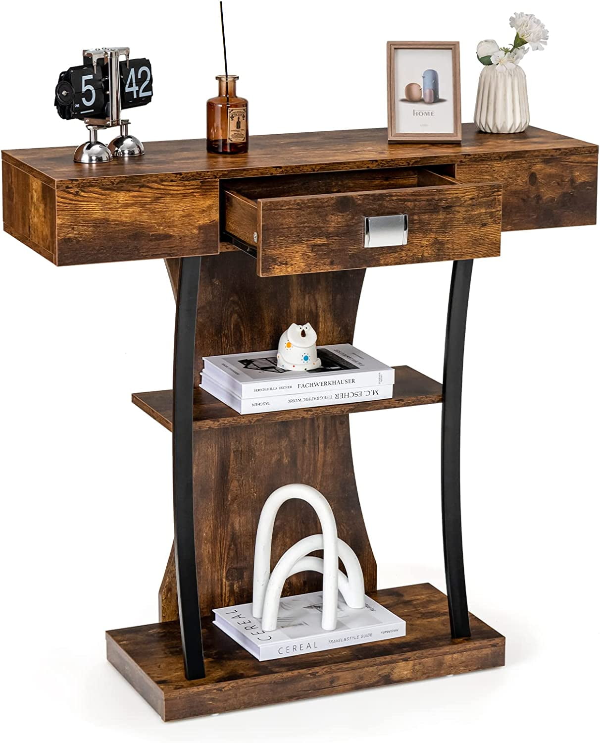 Small Entryway Table, 3-Tier Accent Sofa Table w/Storage Drawer & Racks ...