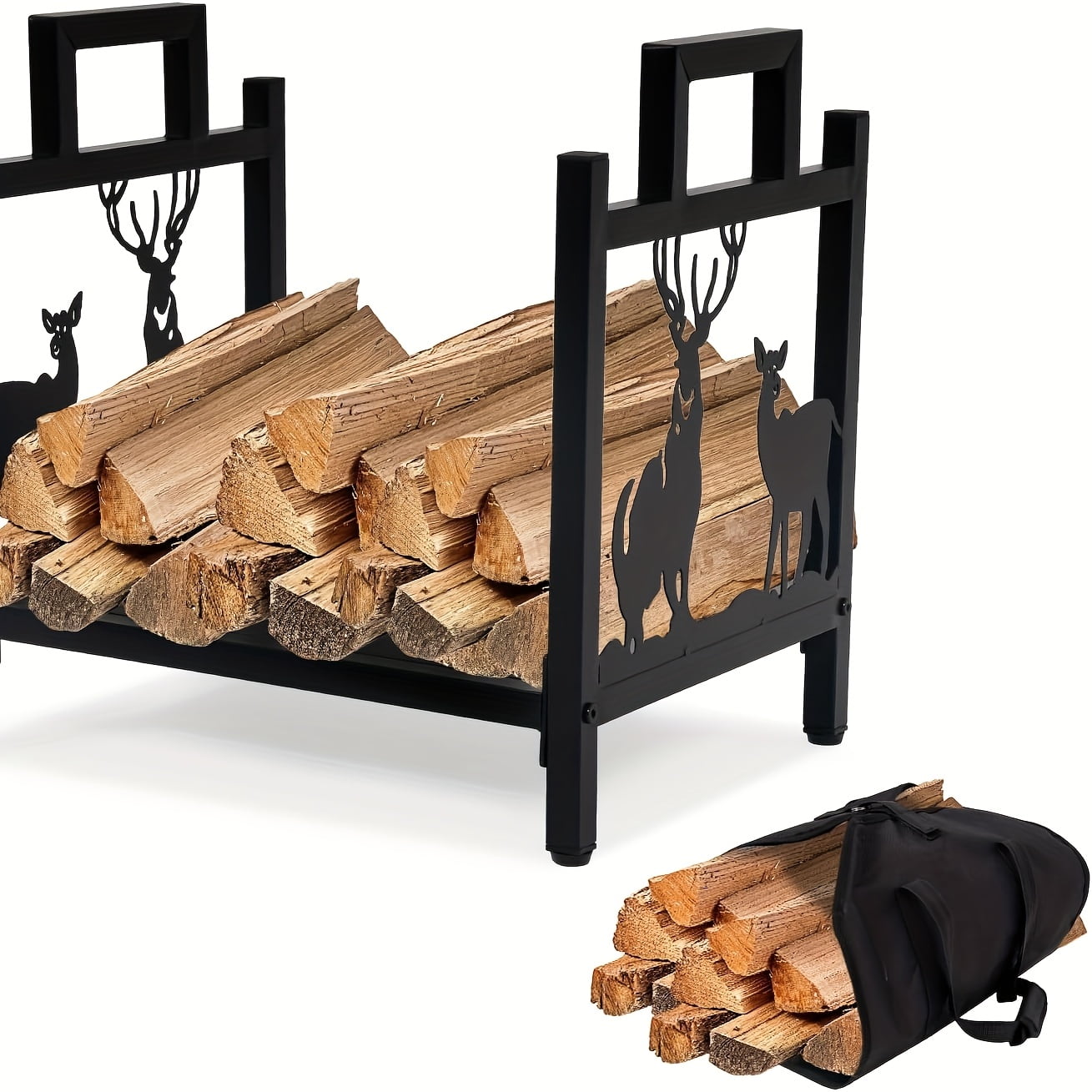 Small Firewood Rack, 17 Inch Firewood Holder With Canvas Log Carrier ...