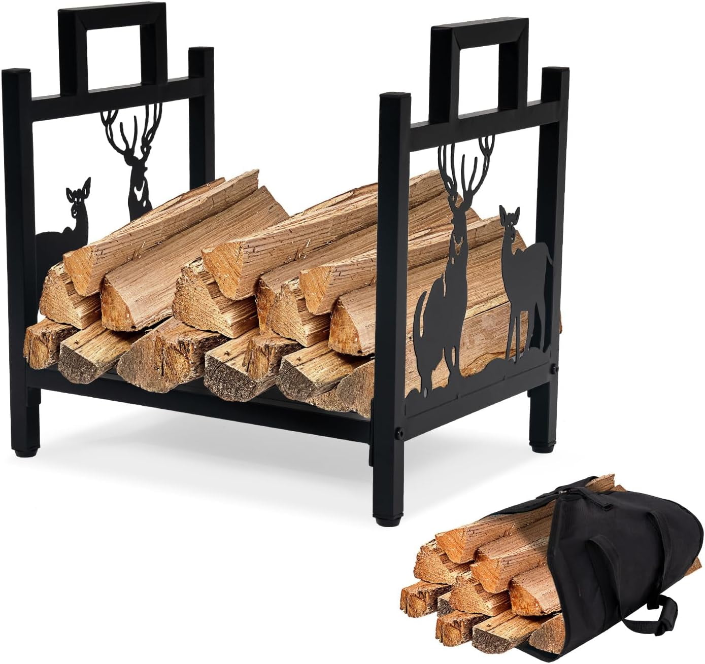 Small Firewood Rack, 17 Inch Firewood Holder with Canvas Log Carrier ...