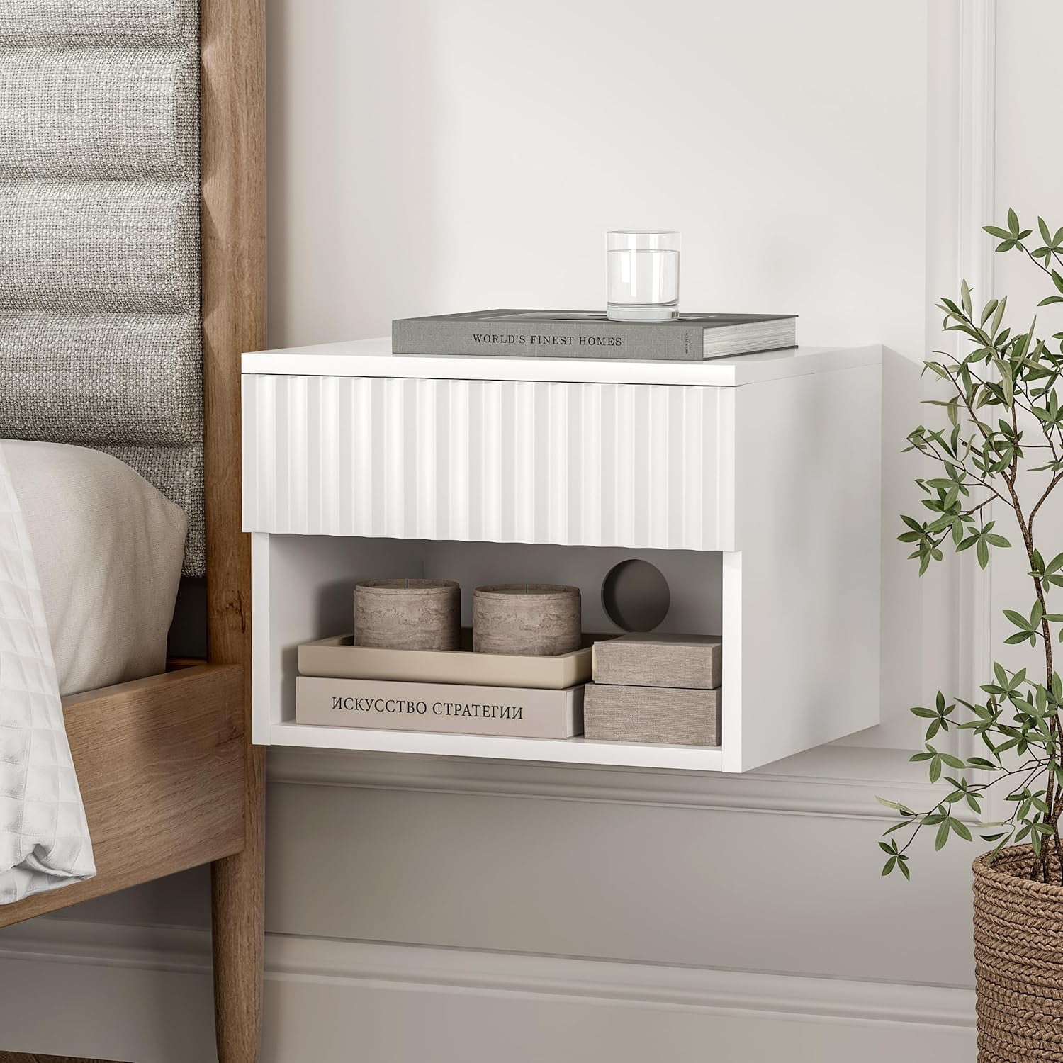 Small Floating Nightstand with Drawer Modern Night Stand with Fluted ...