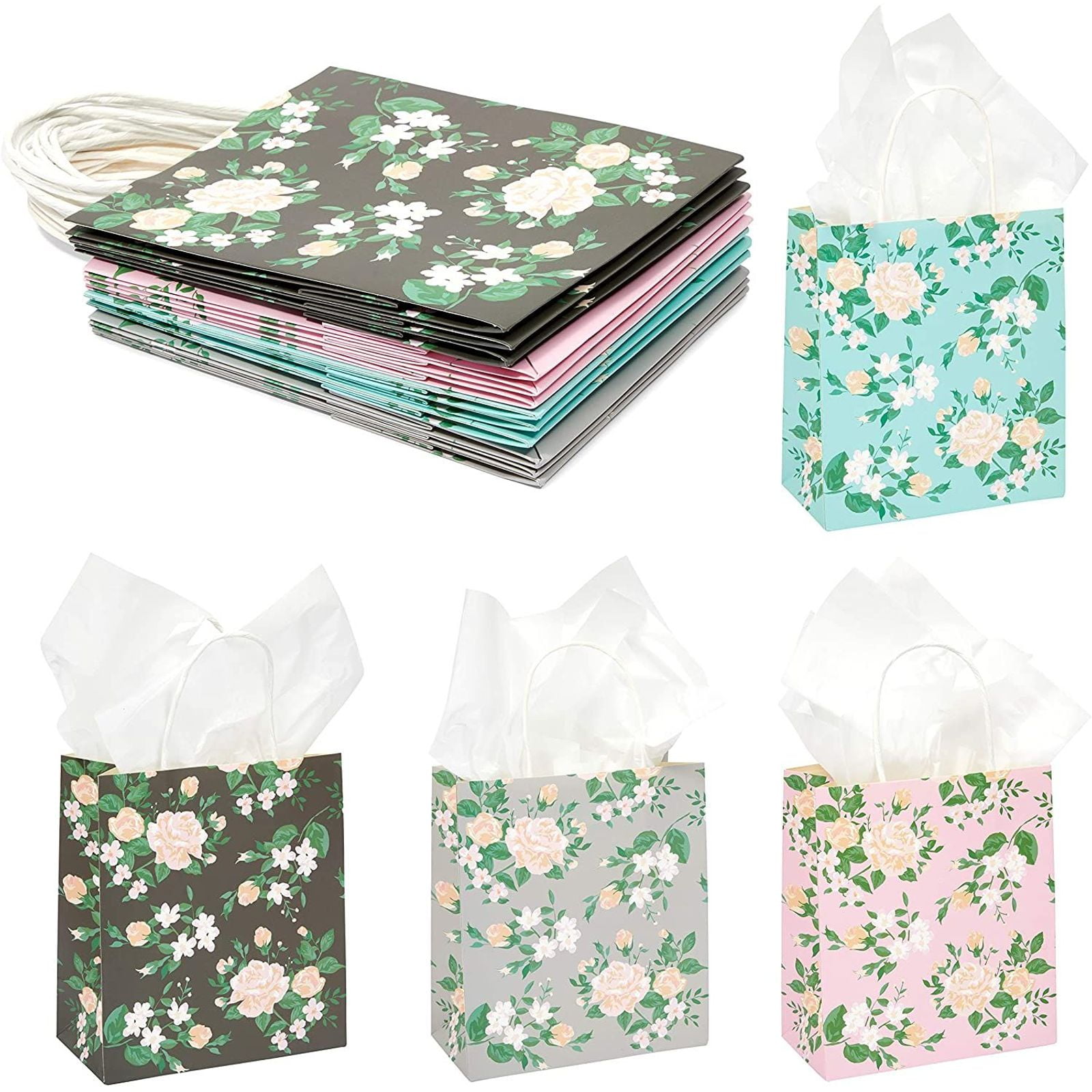 Small Floral Kraft Gift Bags with Handles in 4 Colors (8 x 9 x 4 in, 12 ...