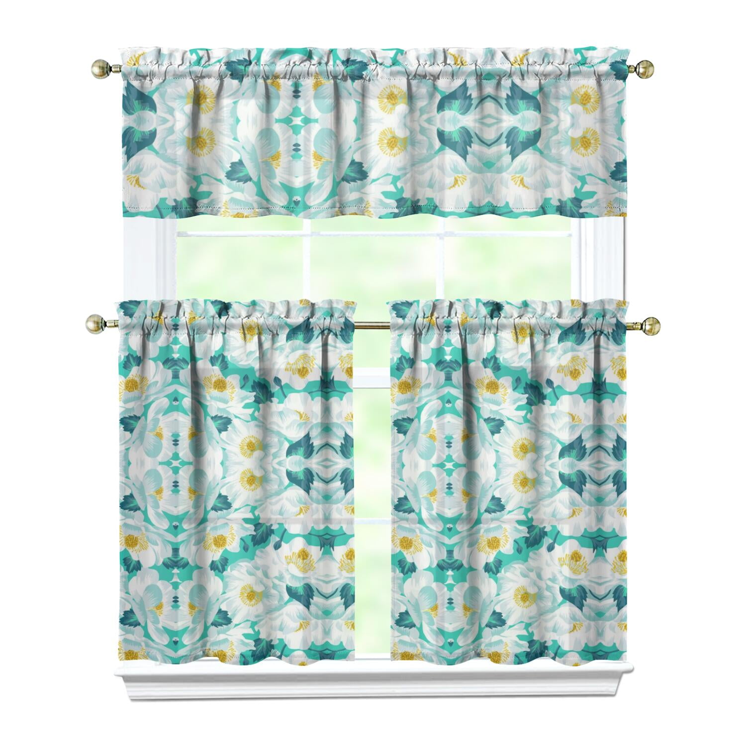 Small Floral Print Kitchen Curtains 3-Piece Set Farmhouse Window ...