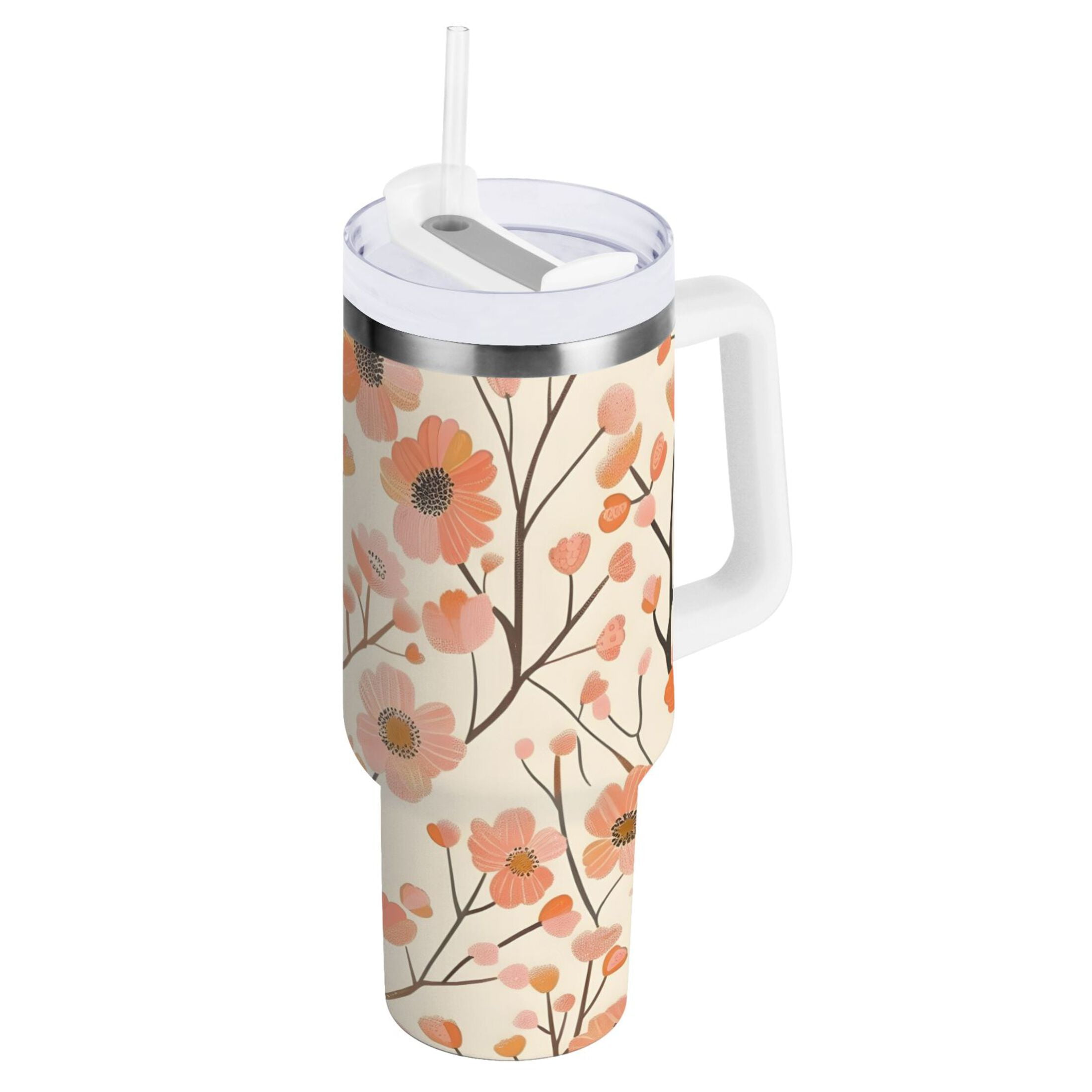 Small Floral Tumbler with Handle and Straw Insulated Travel Mug ...