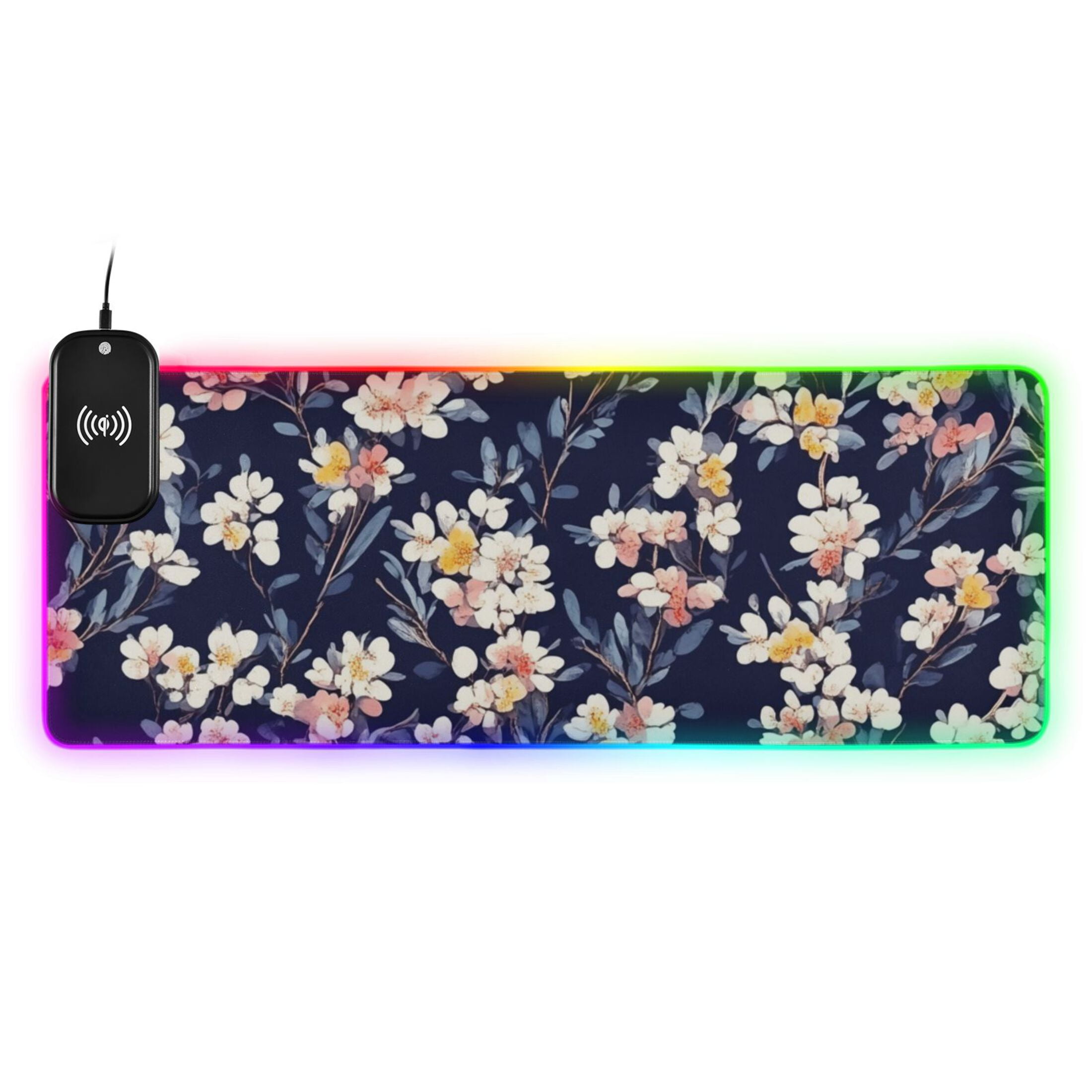 Small Flower on Navy Blue Background Wireless Charging RGB Gaming Mouse ...