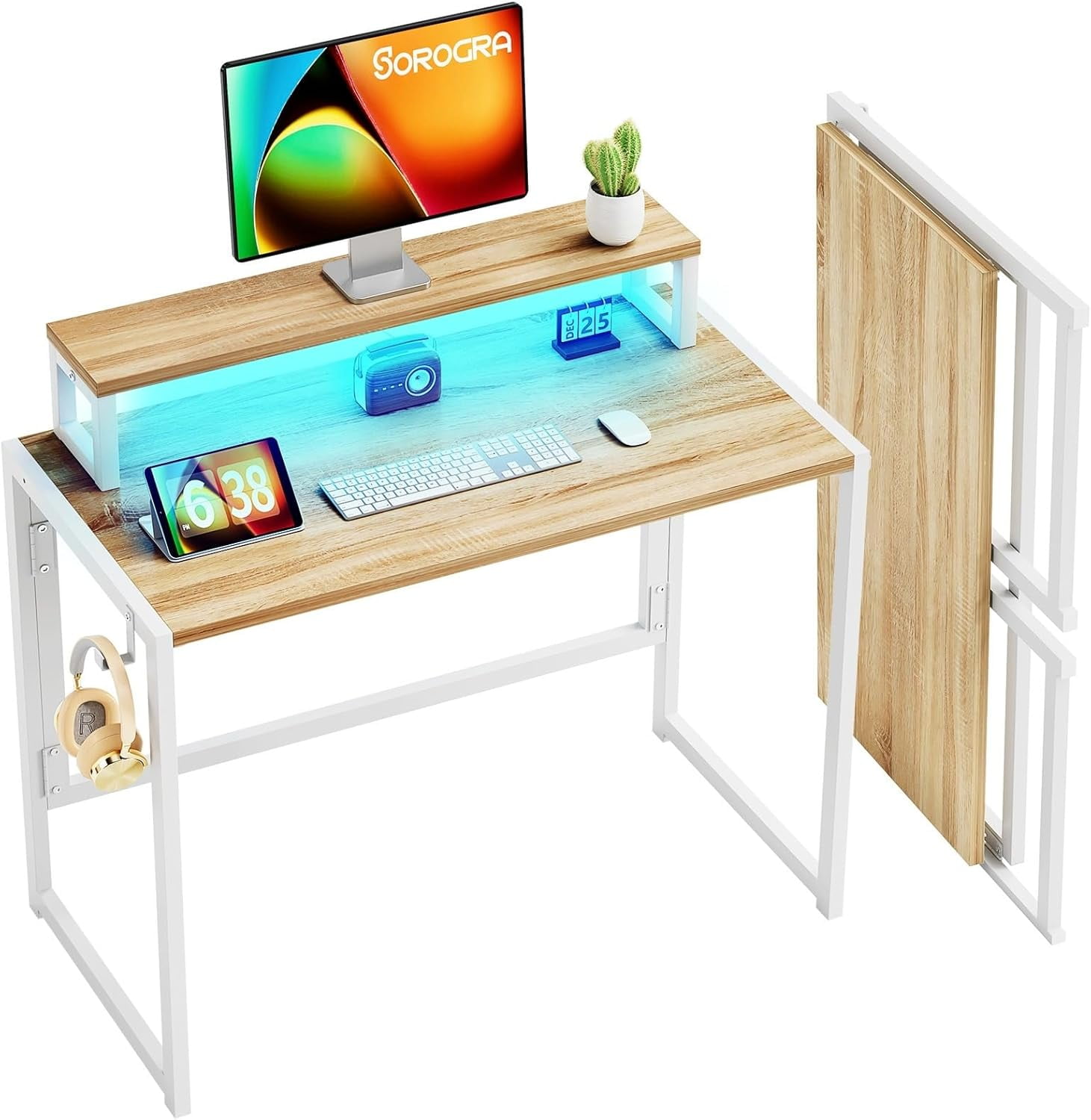 Small Foldin Desk 31.5 Inch, Foldable Computer Desks with LED Li hts ...