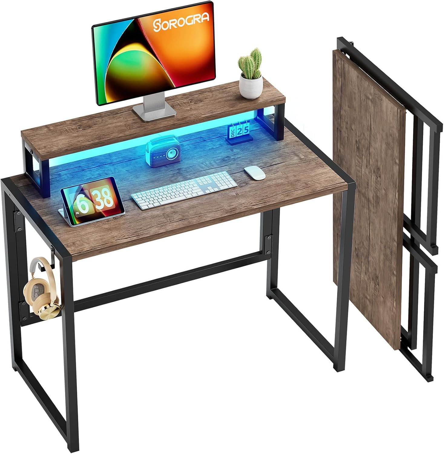 Small Folding Desk 31.5 Inch, Foldable Computer Desks with LED Lights ...
