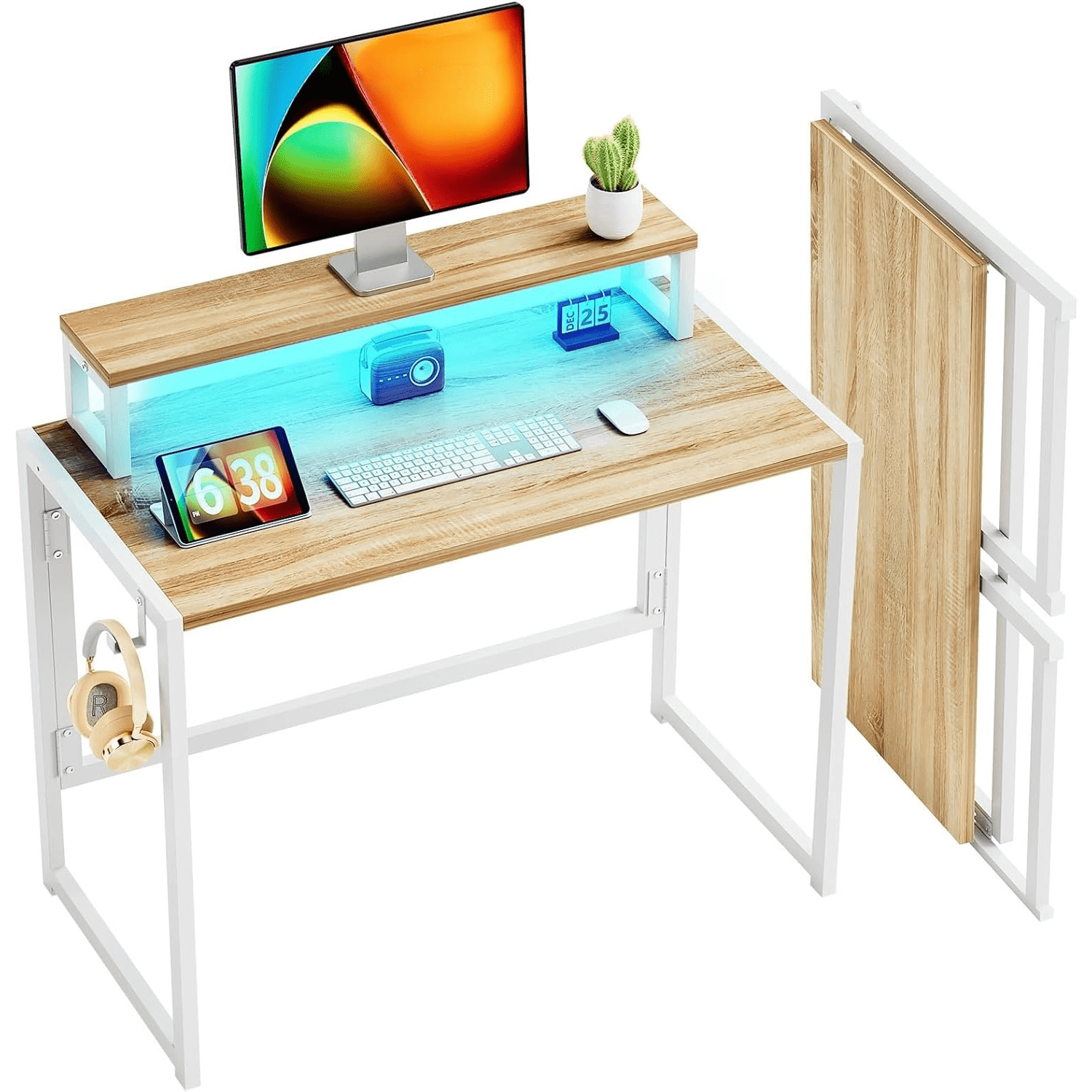 Small Folding Desk 31.5 Inch, Foldable Computer Desks with LED Lights ...