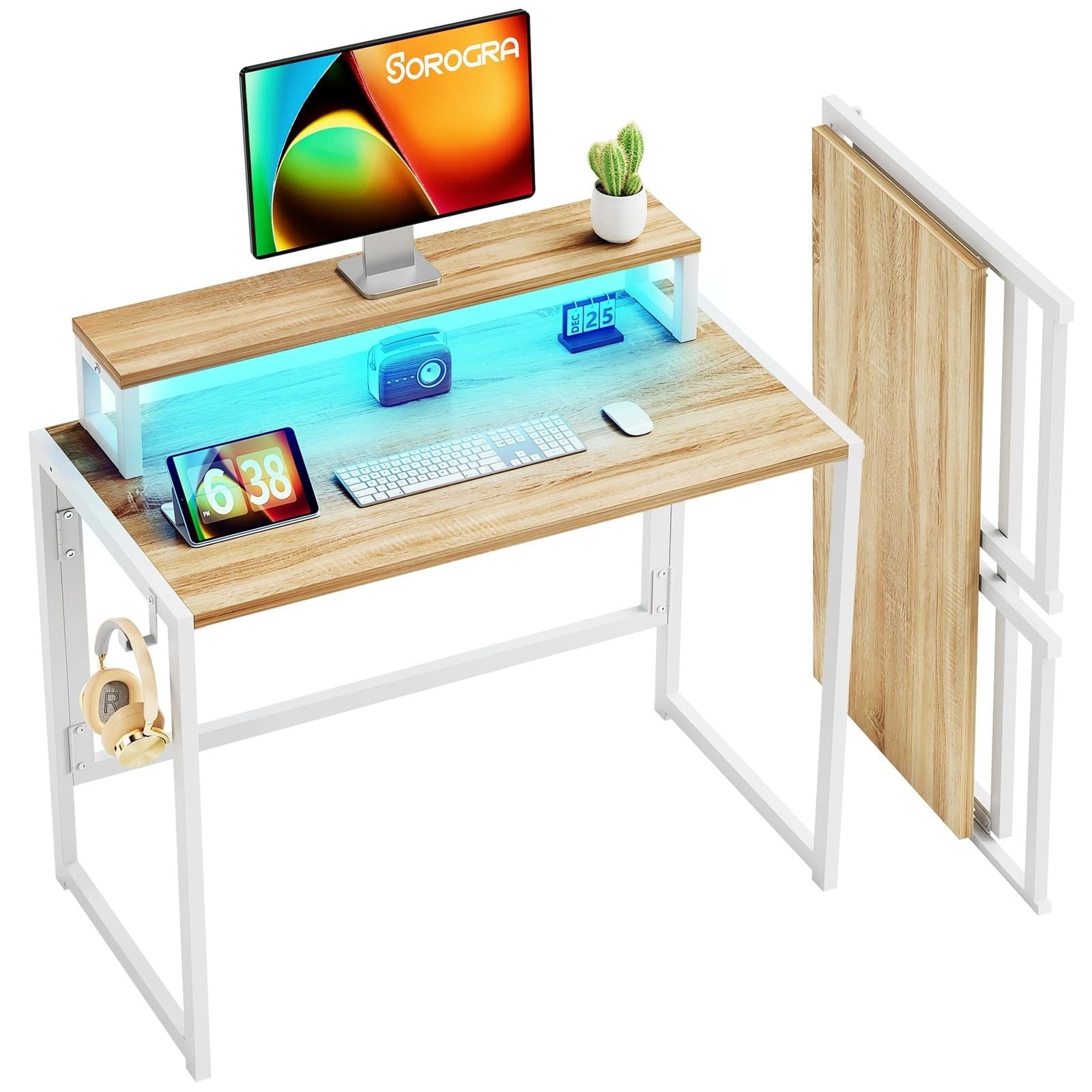 Small Folding Desk 31.5 Inch, Foldable Computer Desks with LED Lights ...