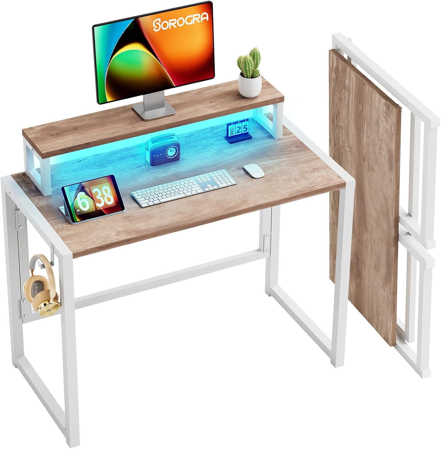 Small Folding Desk 31.5 Inch, Foldable Computer Desks with LED Lights ...
