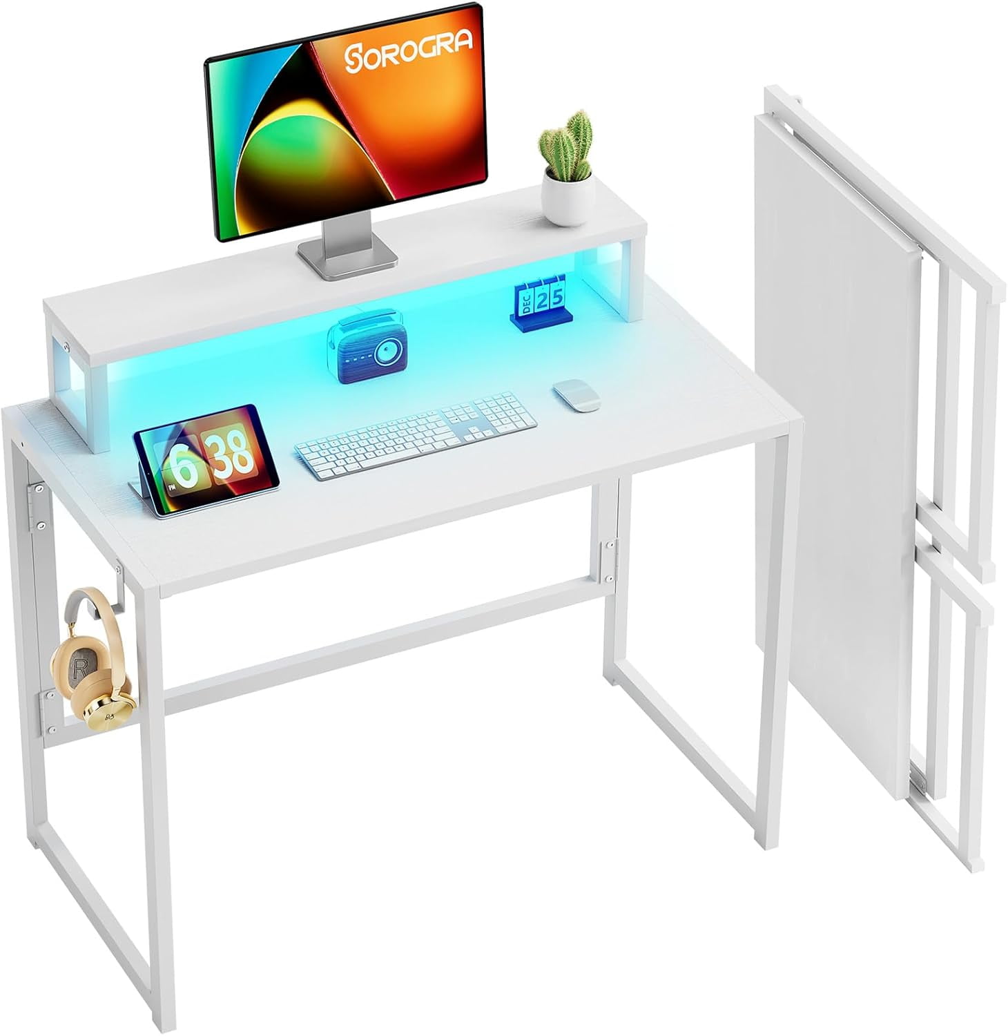 Small Folding Desk 31.5 Inch, Foldable Computer Desks with LED Lights ...