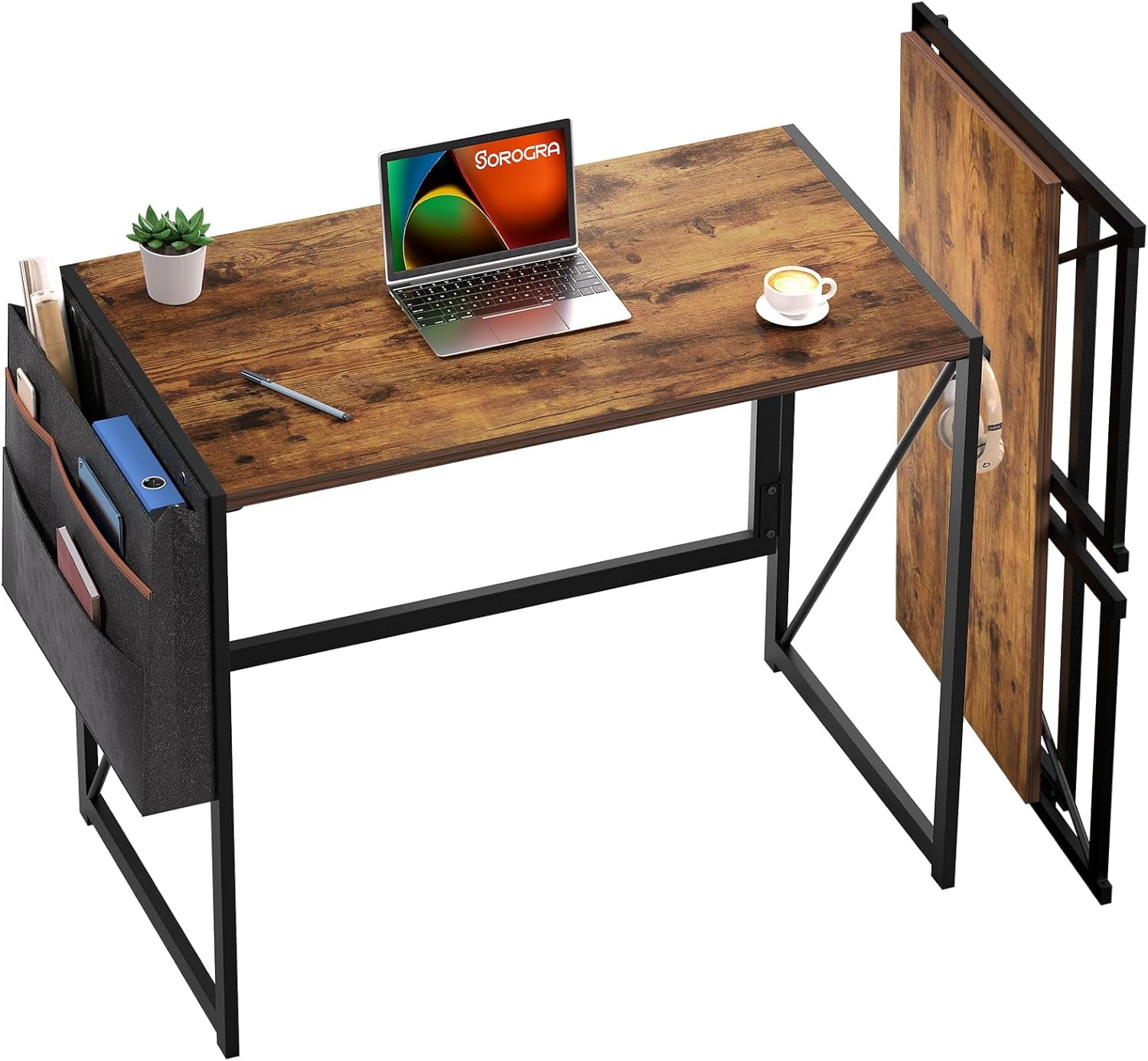 Small Folding Desk, 31.5 Inch Spaces Saving Foldable Table with Storage ...