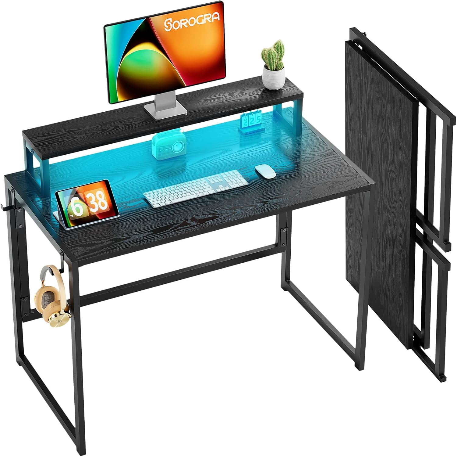 Small Folding Desk 39.4 Inch, Foldable Computer Desks with LED Lights ...