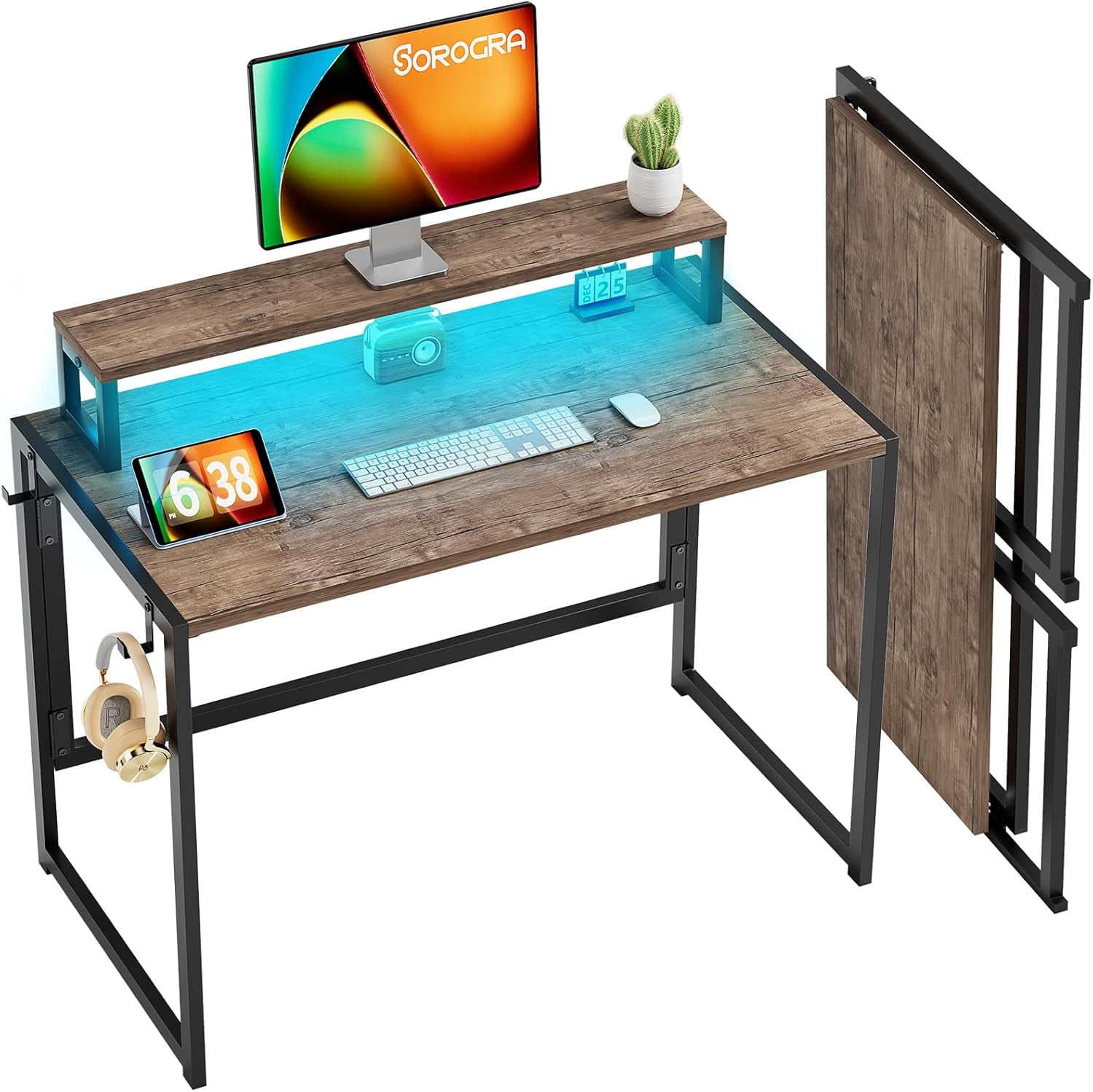 Small Folding Desk 39.4 Inch, Foldable Computer Desks with LED Lights ...