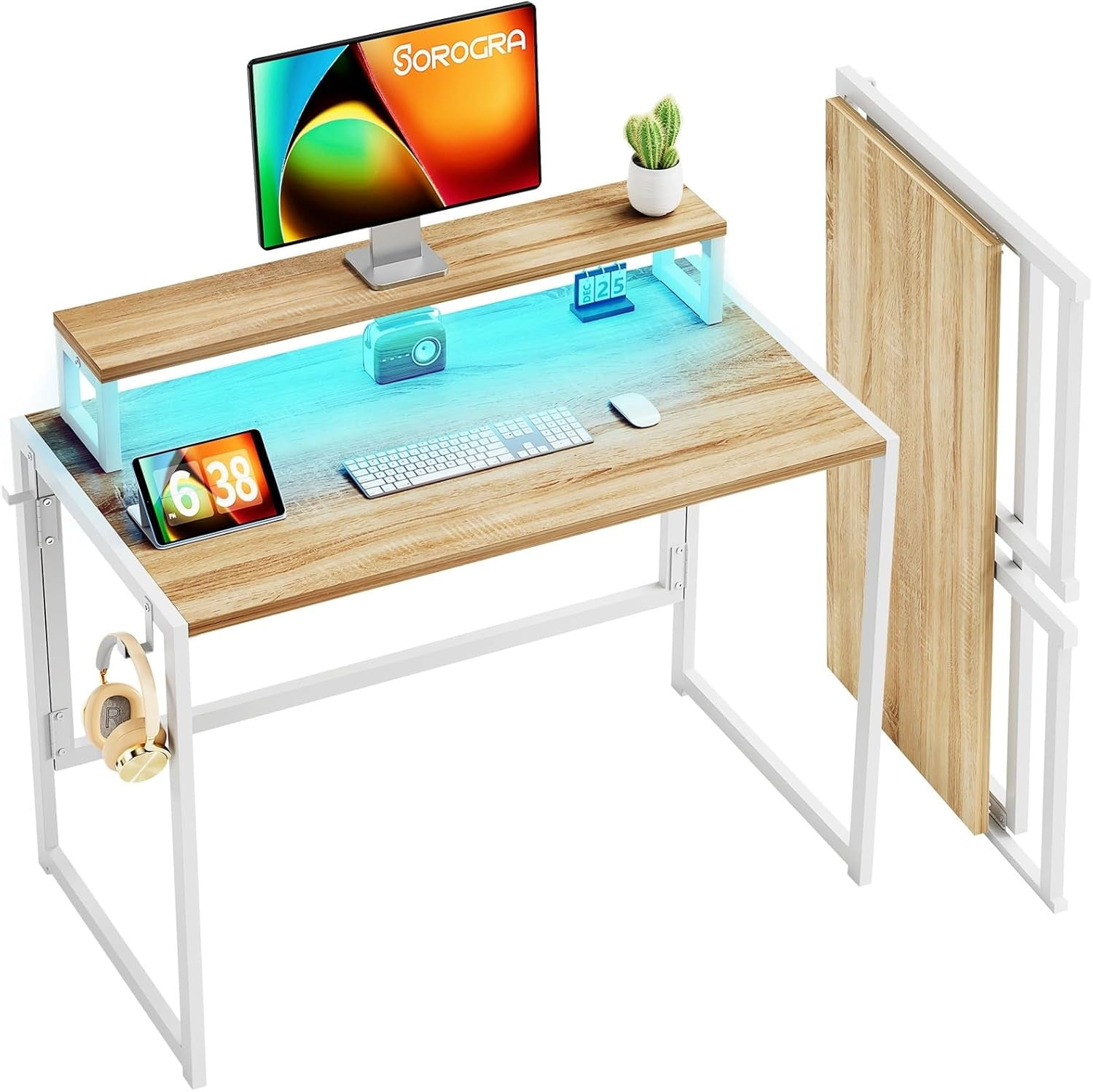 Small Folding Desk 39.4 Inch, Foldable Computer Desks with LED Lights ...