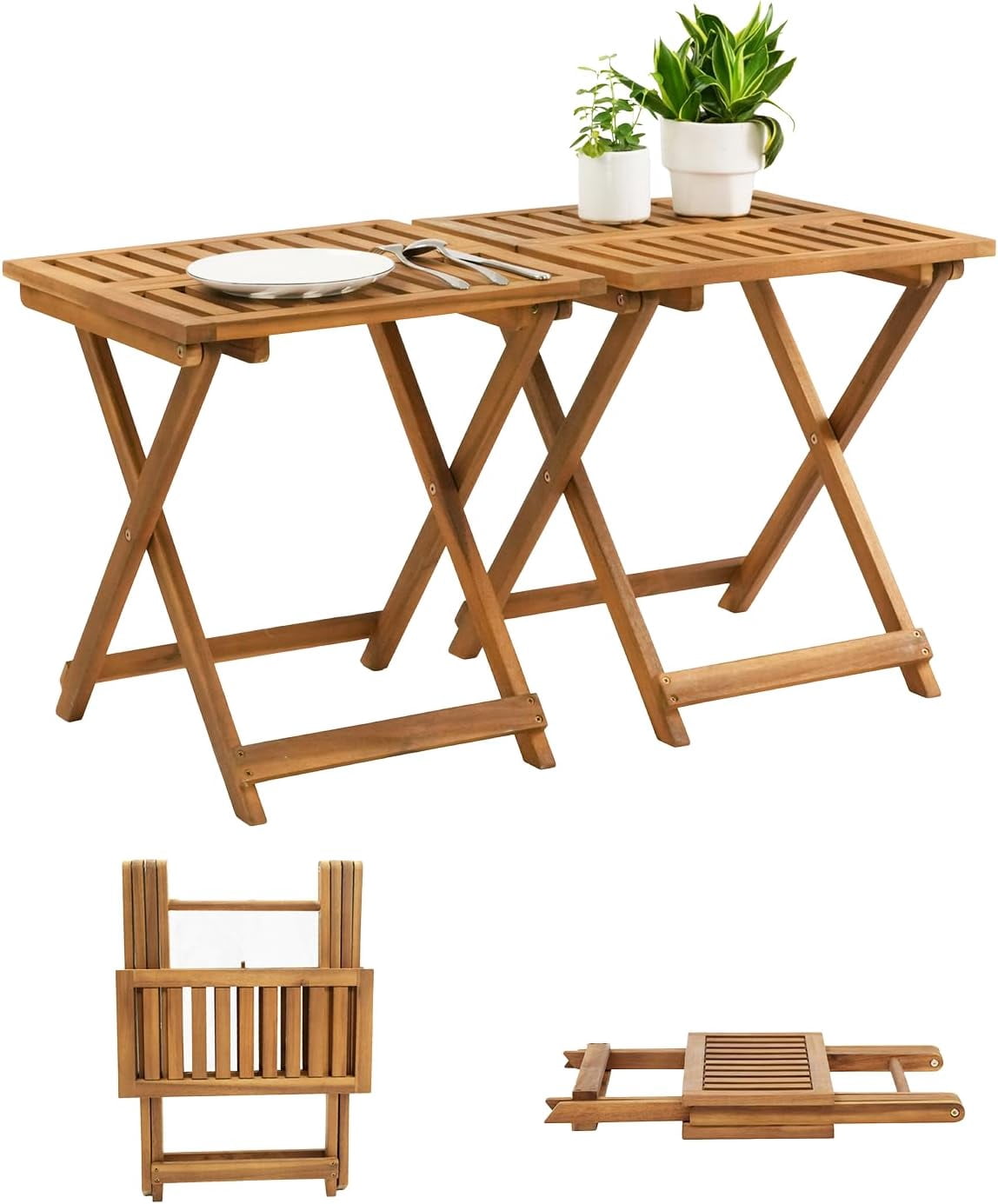 Small Folding Table Set of 2 - Portable Foldable Wooden Side Tables for ...