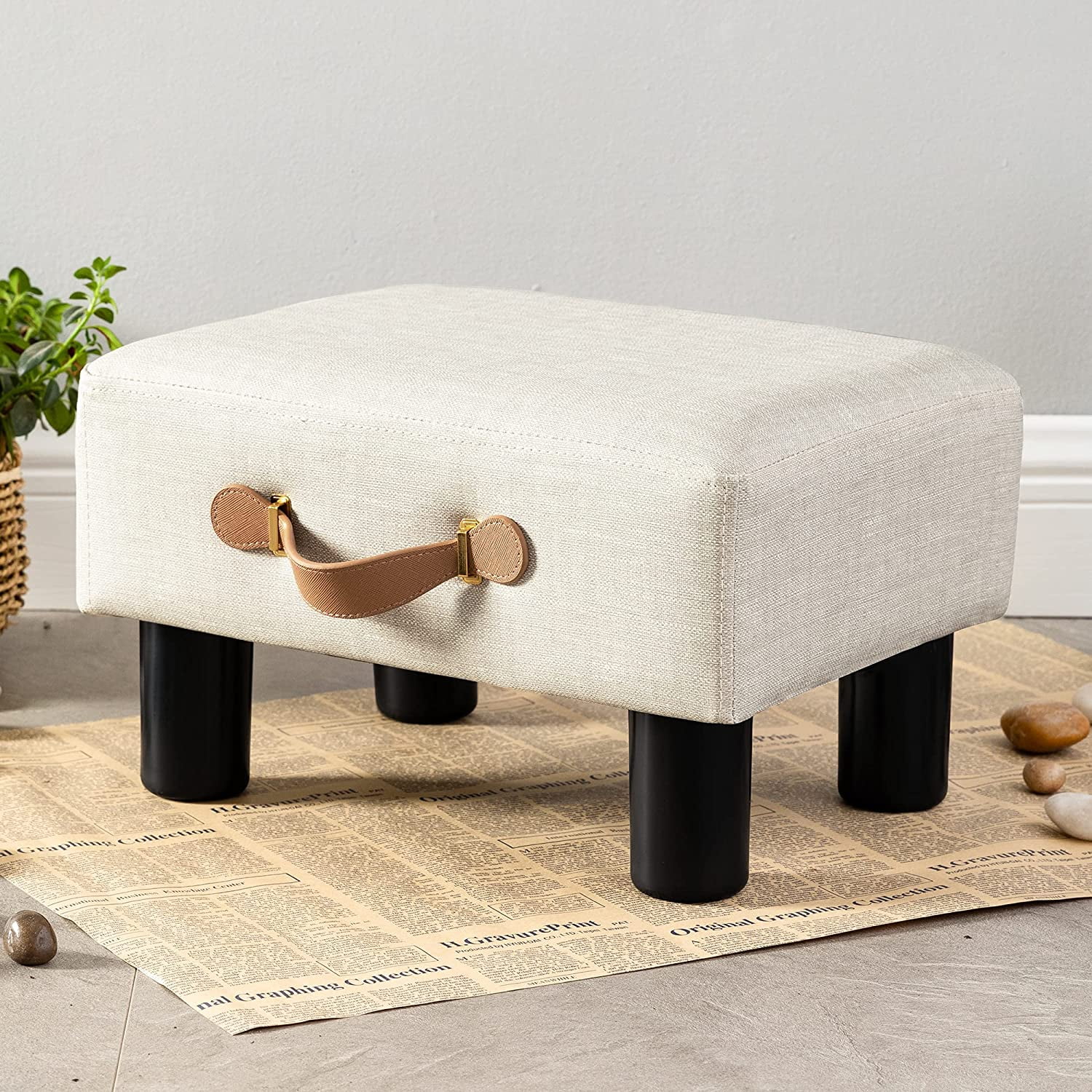 Small Foot Stool with Handle, Beige PU Leather Short Foot Stool Rest ...