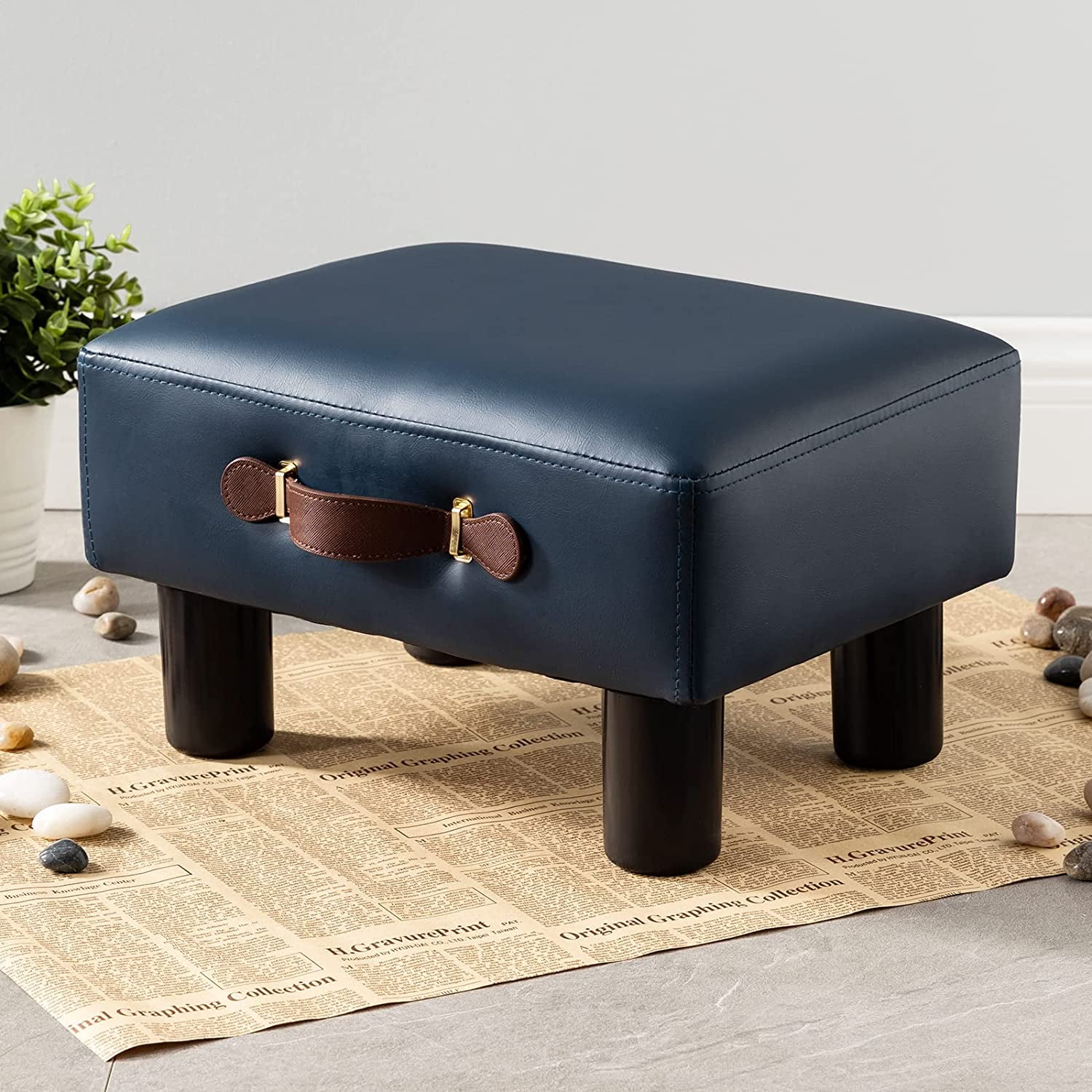 Small Foot Stool with Handle, Blue PU Leather Short Foot Stool Rest ...