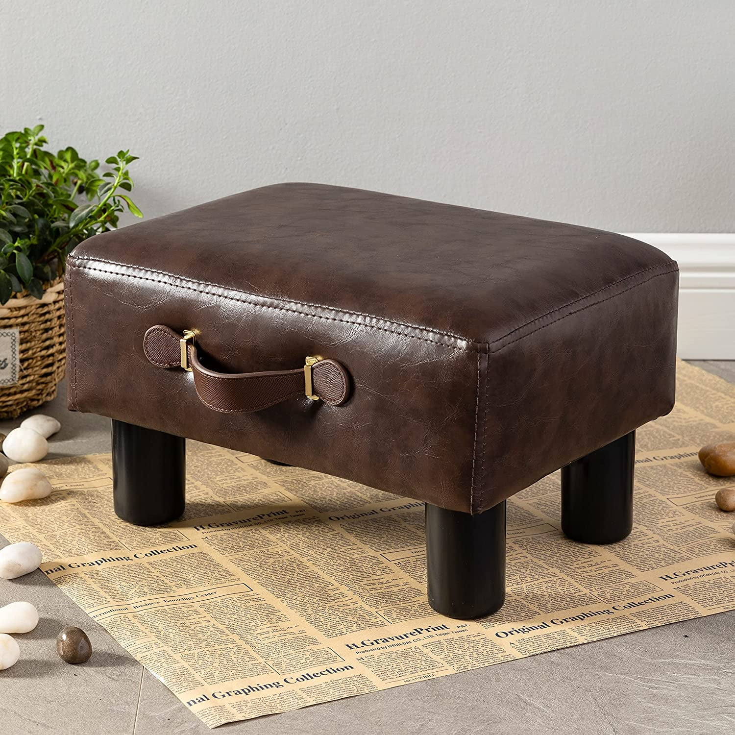 Small Foot Stool with Handle, Brown Faux Leather Short Foot Stool Rest ...
