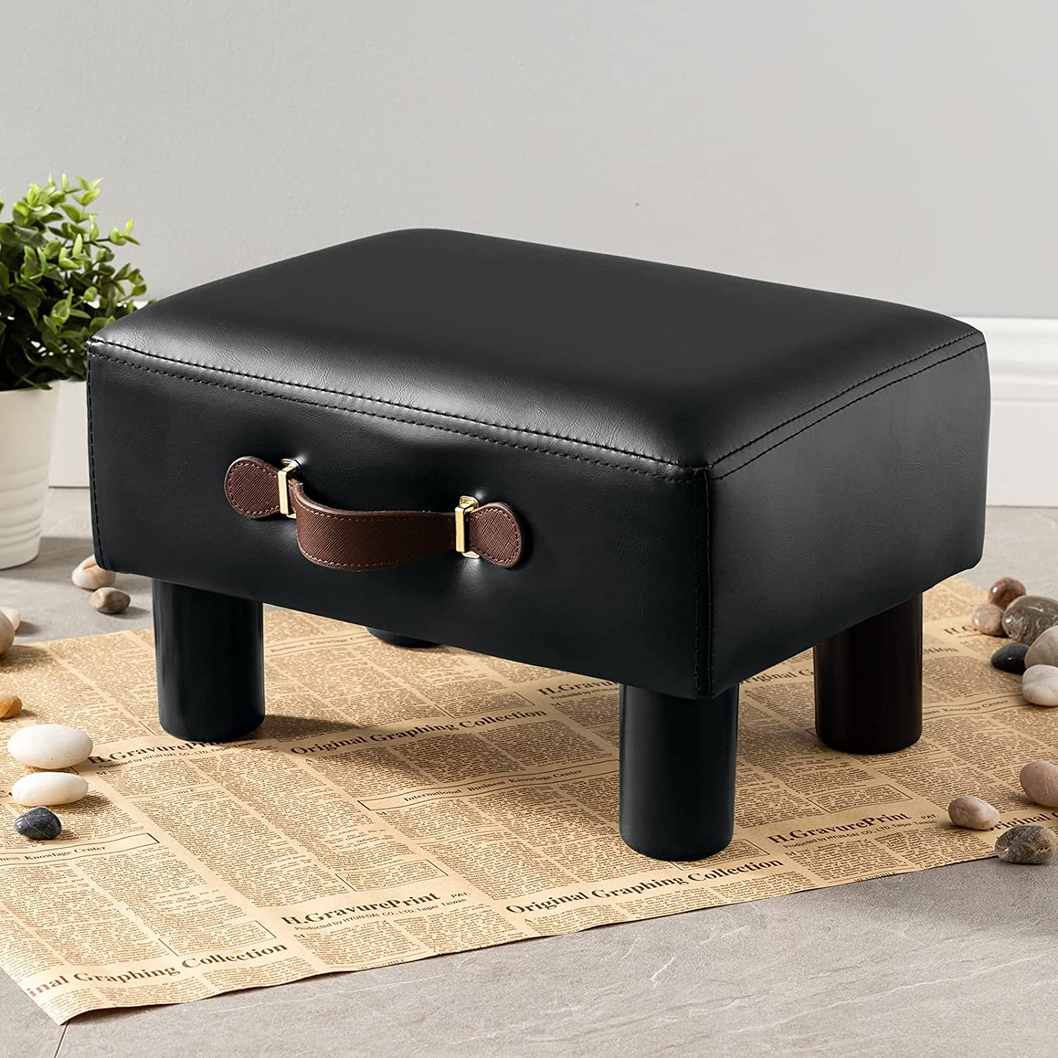 Small Foot Stool with Handle, Brown Faux Leather Short Foot Stool Rest ...