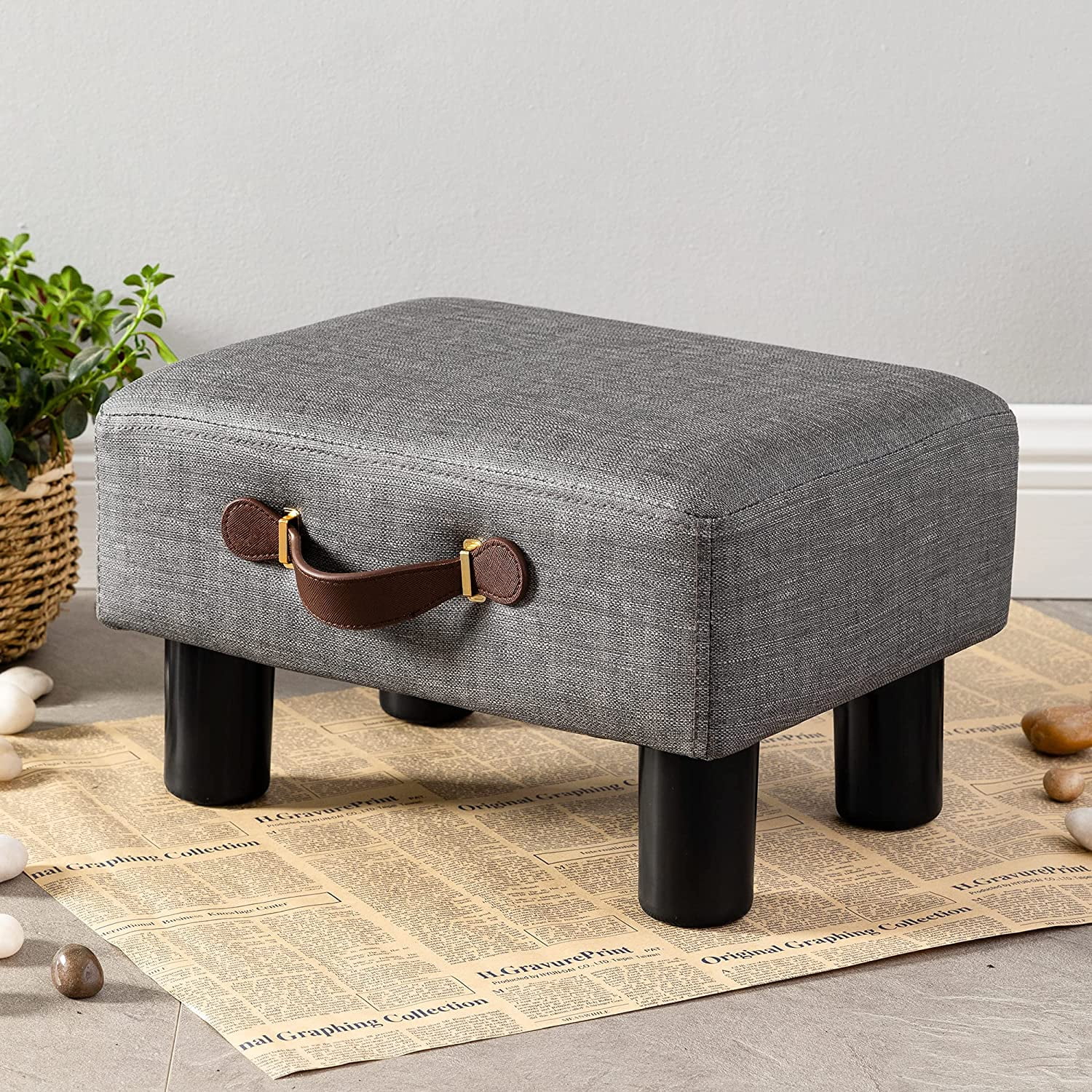 Small Foot Stool with Handle, Grey Linen, Padded, Portable, Easy to ...