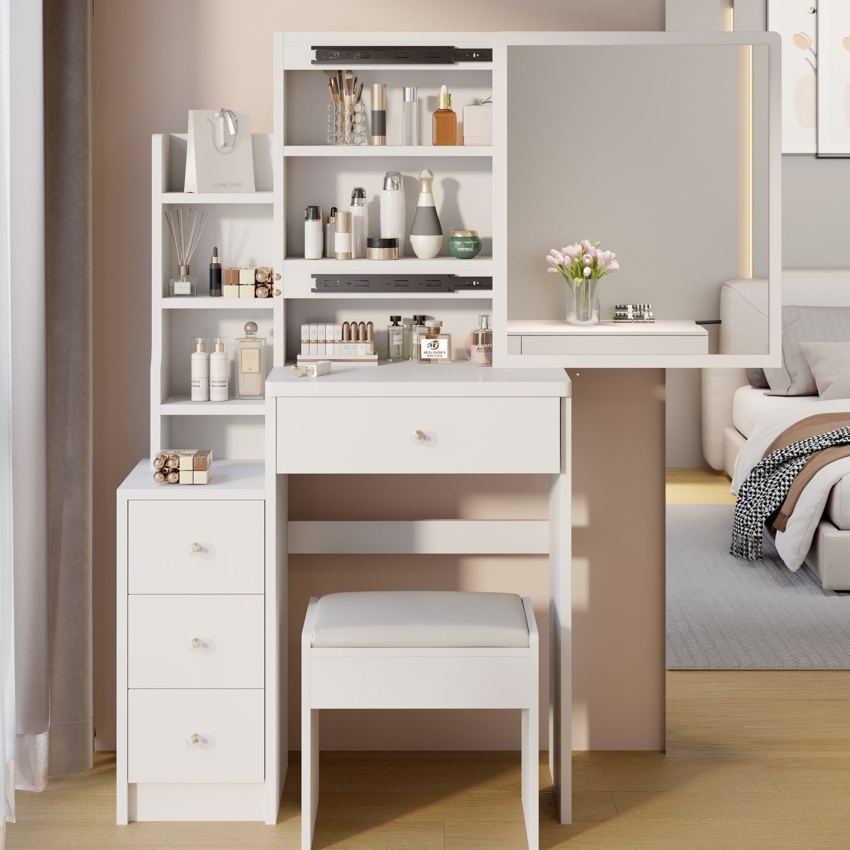 Small - Footprint Vanity Table with Storage - Maximize Space in ...