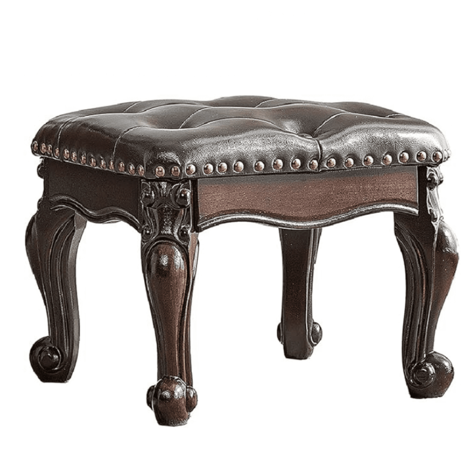 Small Footstool Brown Leather Ottoman,Vintage Carved Upholstered ...