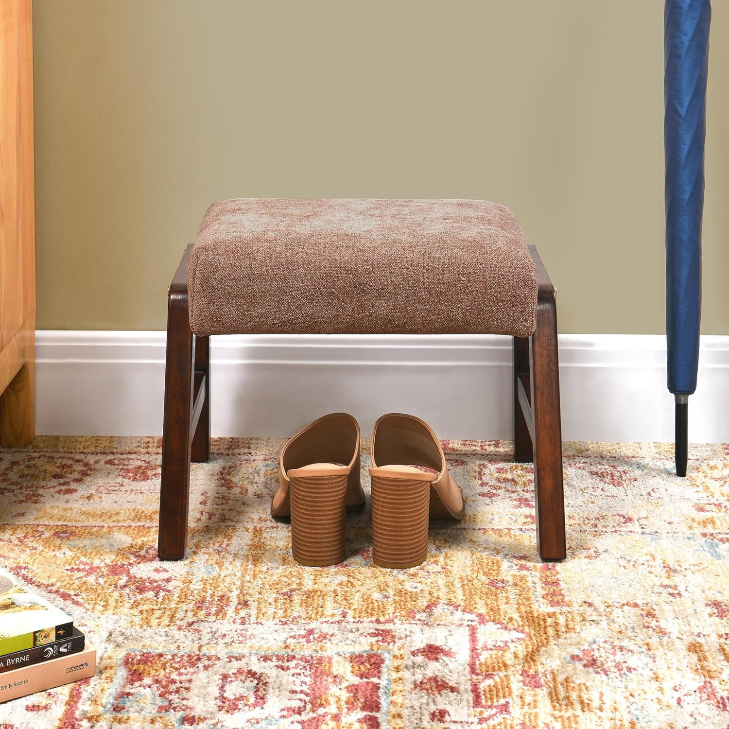 Small Footstool Ottoman, 11.8" H Fabric Wooden Foot Rest Ottoman with ...