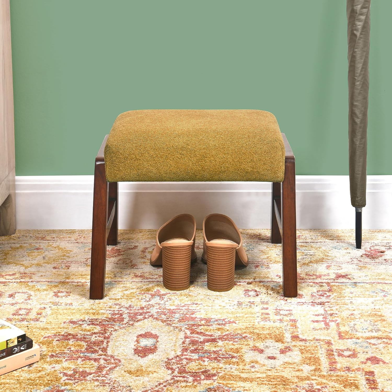 Small Footstool Ottoman, 11.8" H Fabric Wooden Foot Rest Ottoman with ...