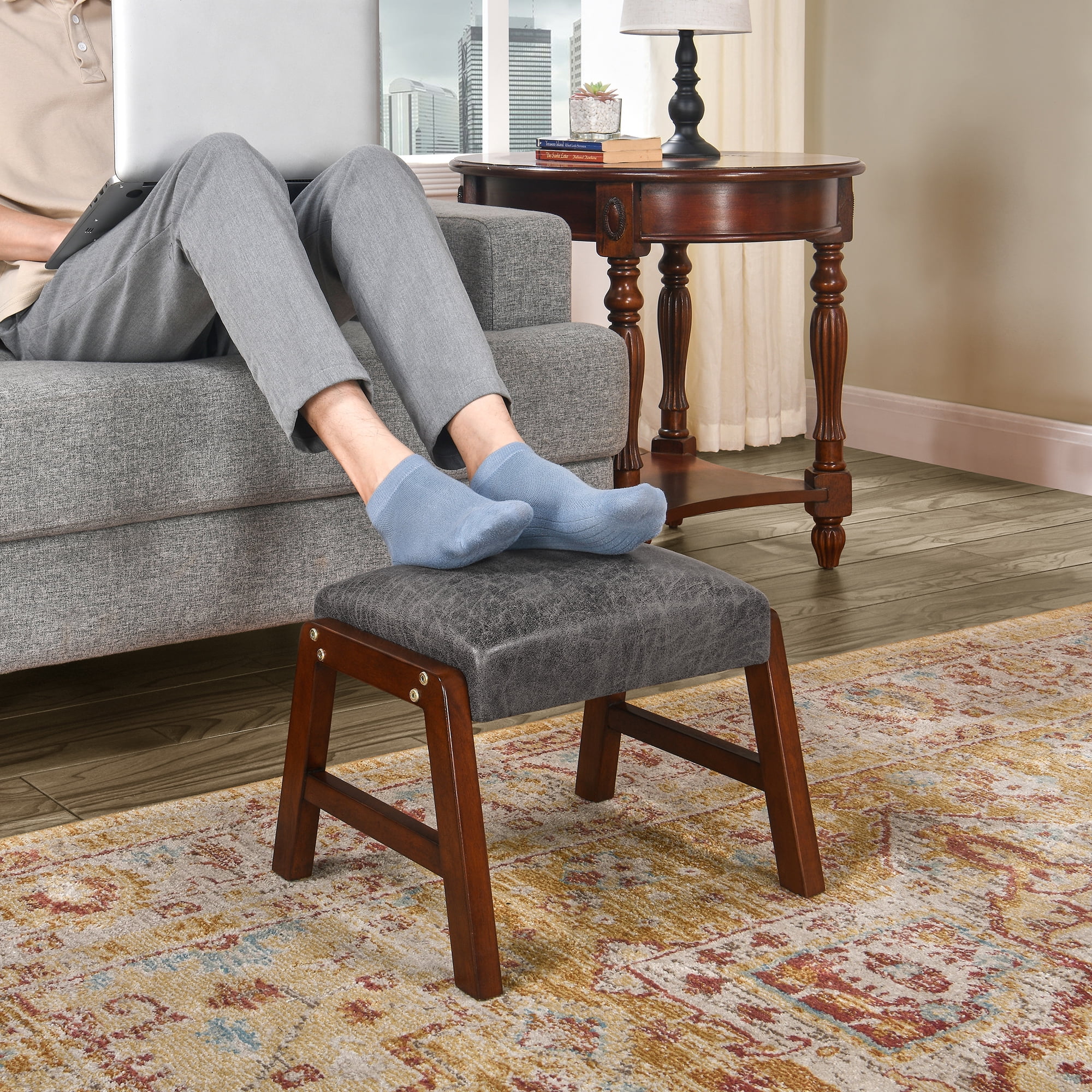 Small Footstool Ottoman, Fabric Wooden Foot Rest Ottoman with Wood Legs ...