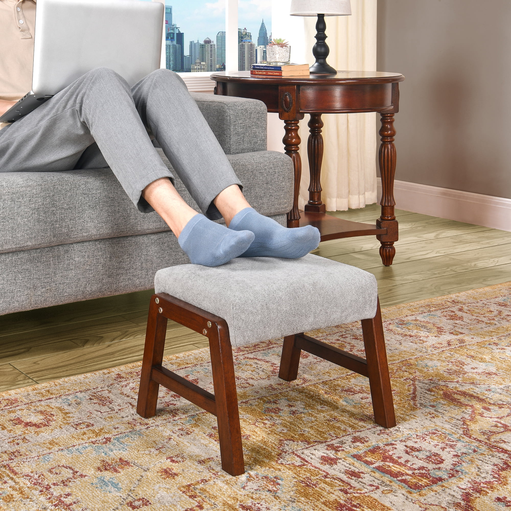 Small Footstool Ottoman, Fabric Wooden Foot Rest Ottoman with Wood Legs ...