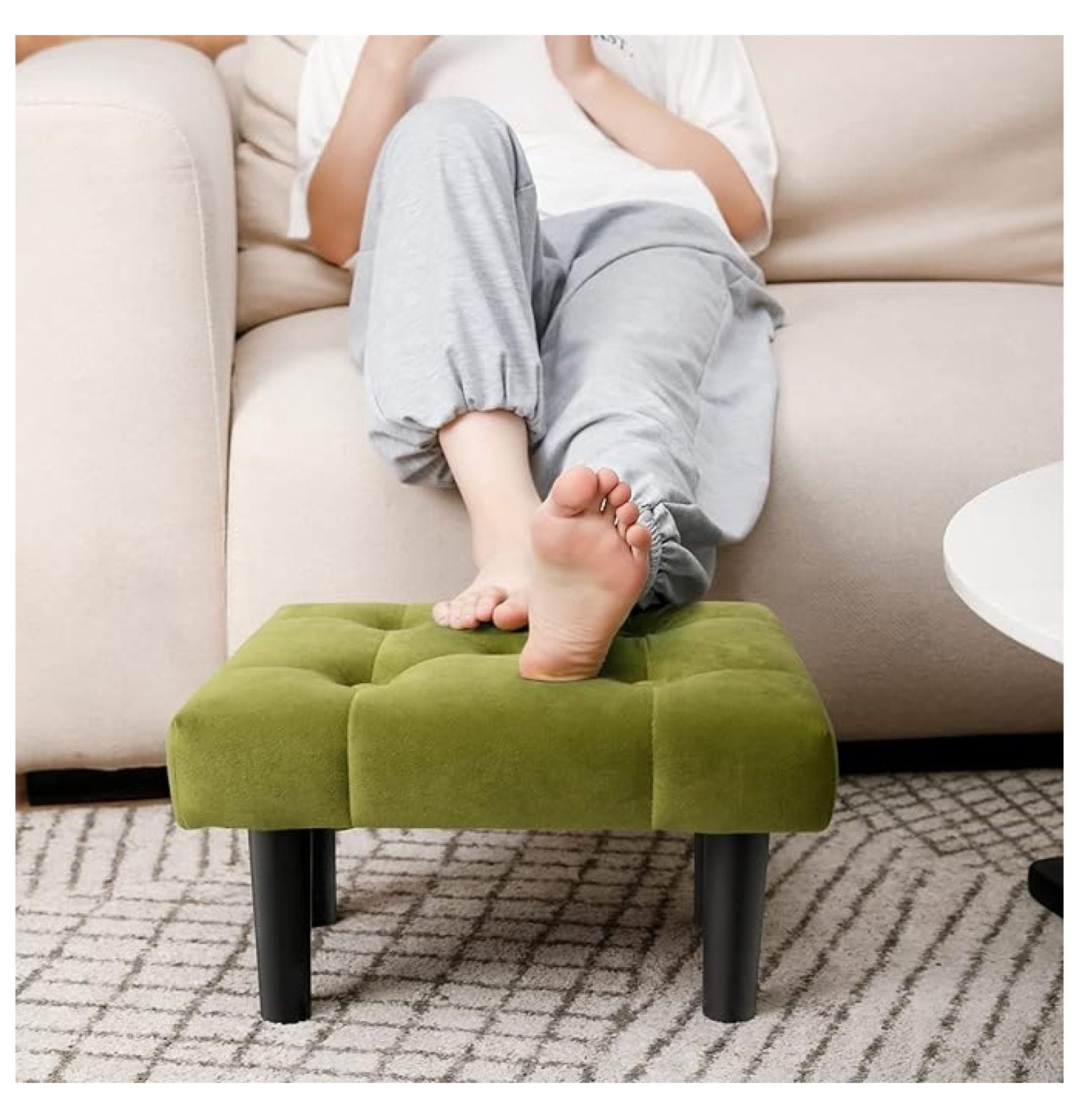 Small Footstool Ottoman, Soft Footrest with Wooden Legs, Living Room ...