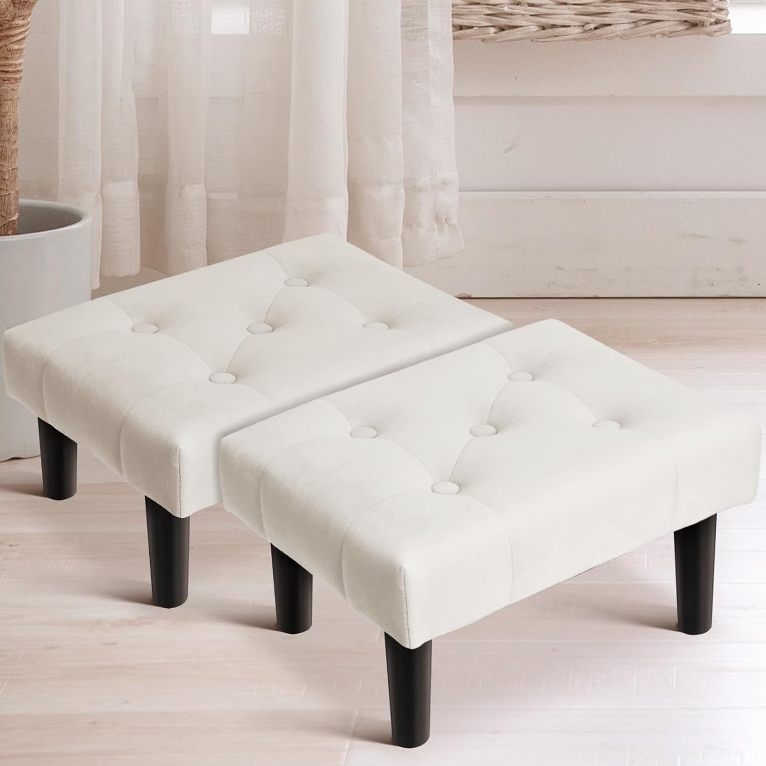 Small Footstool Ottoman, Velvet Soft Footrest Ottoman with Wood Legs ...