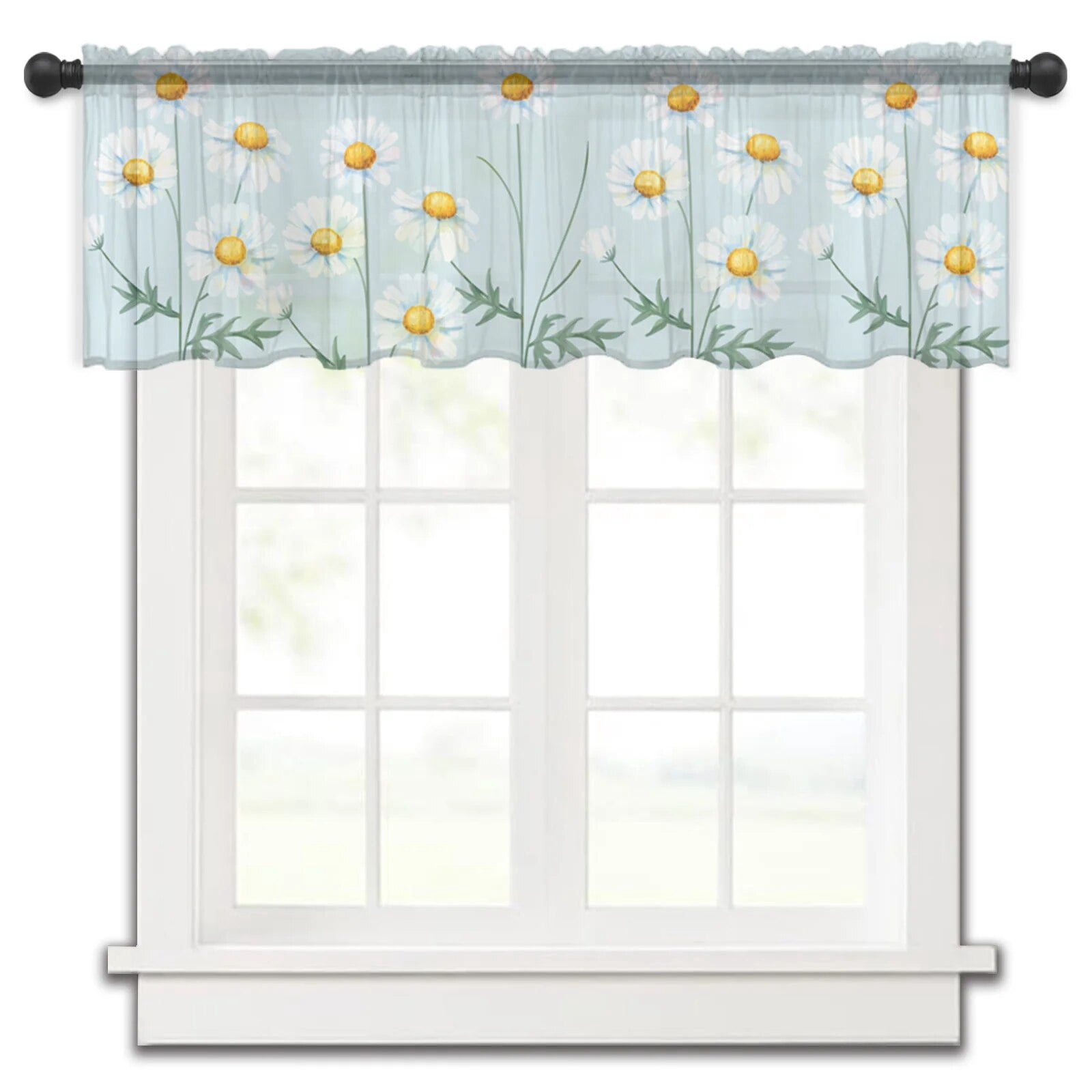 Small Fresh Daisy Flower Light Blue Small Window Curtain Tulle Sheer ...