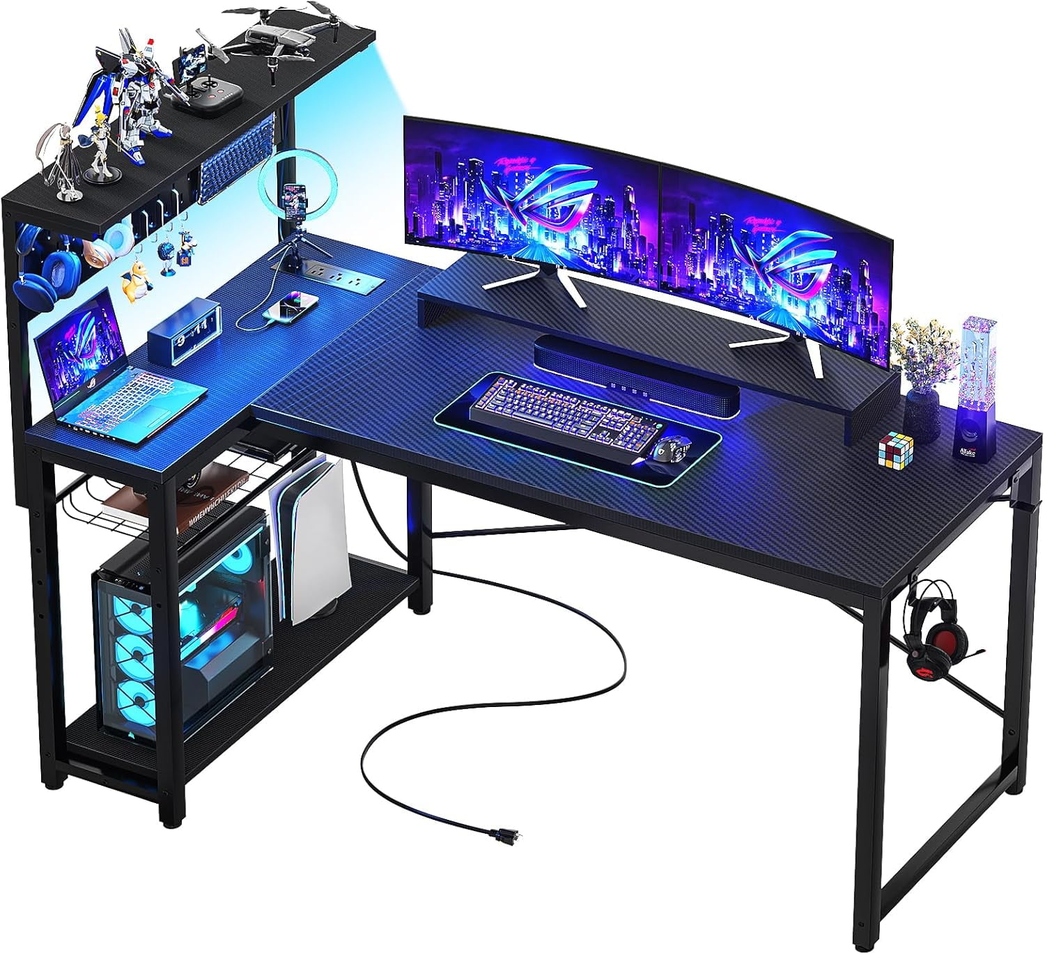 Small Gaming Desk with Power Outlets Pegboard LED Light, 51 Inch L ...