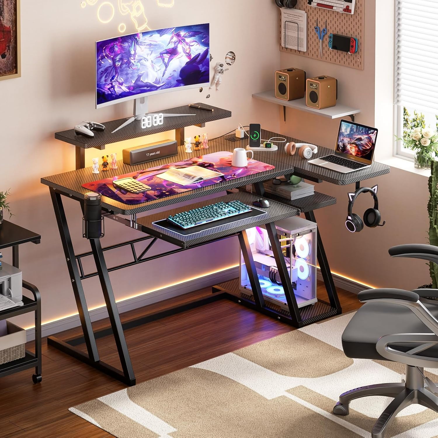 Small Gaming Desk with Shelves and Outlets, L Shaped Gaming Desk with ...