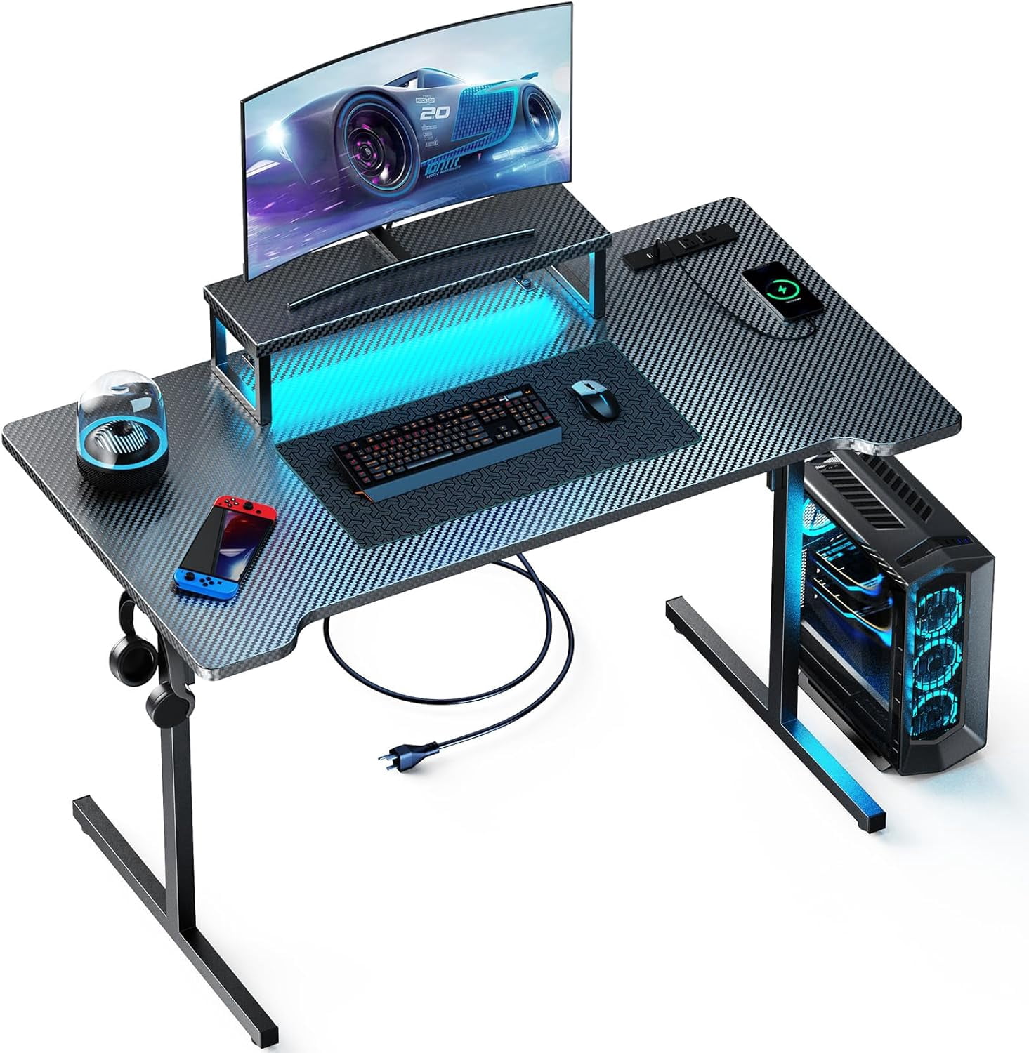 Small Gaming Desk with LED Lights & Power Outlets, 39 Inch Computer ...