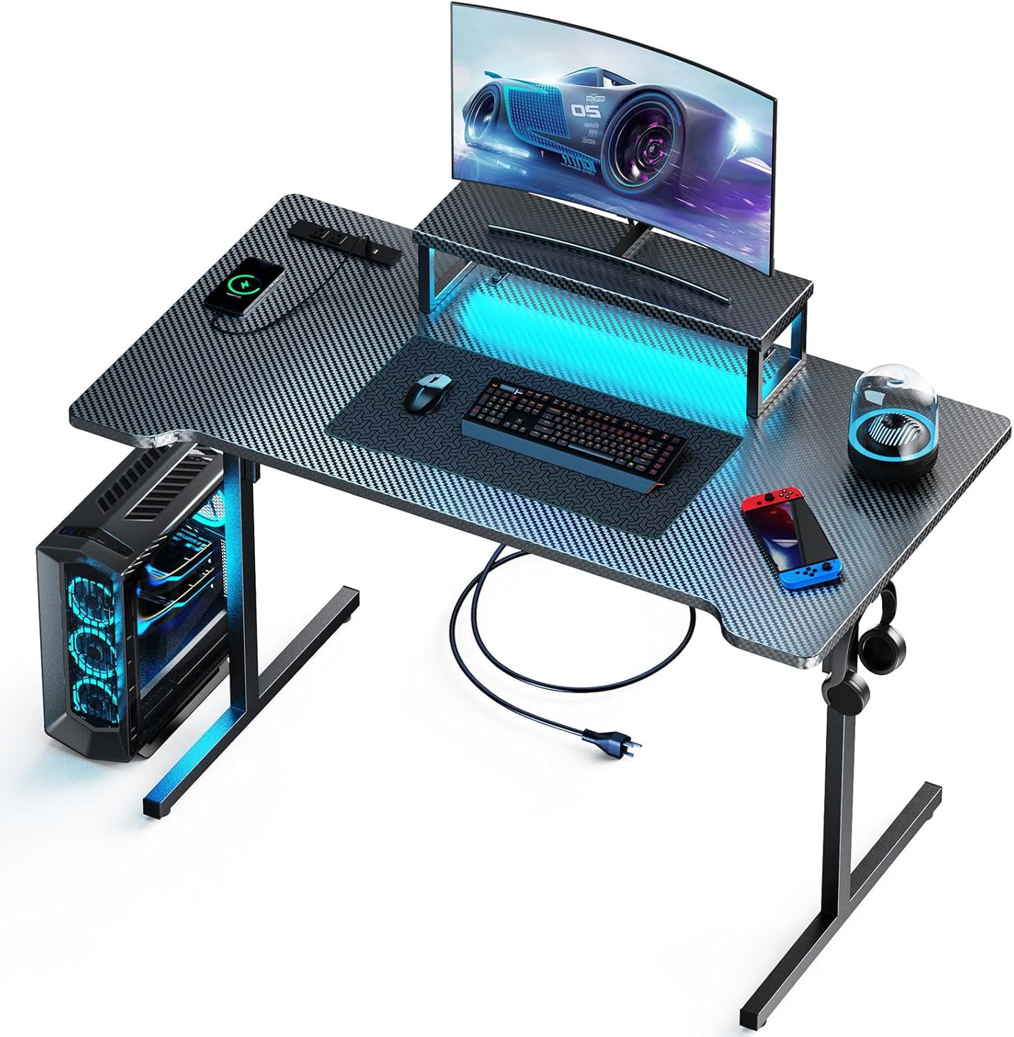 Small Gaming Desk with LED Lights & Power Outlets, 55 Inch Computer ...