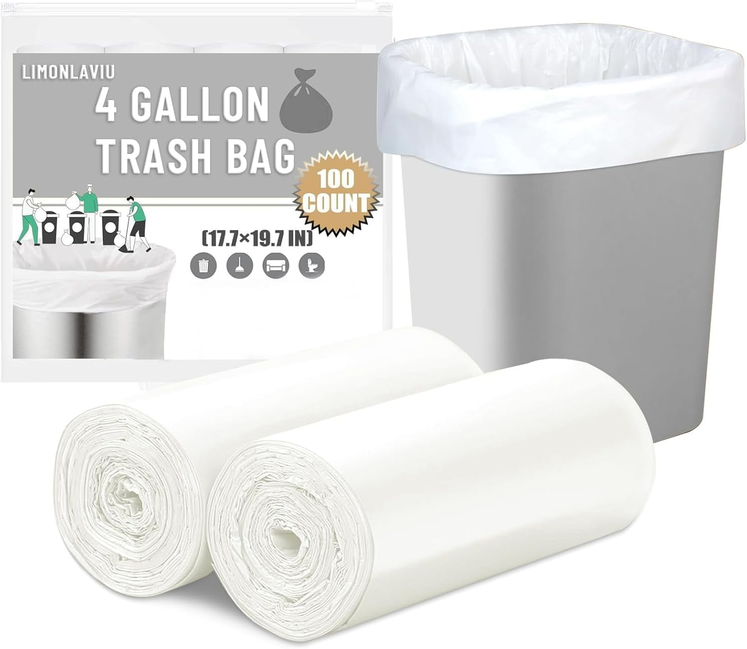 Small Garbage Bags - 4 Gallon, 100 Count Unscented White Mini Trash ...