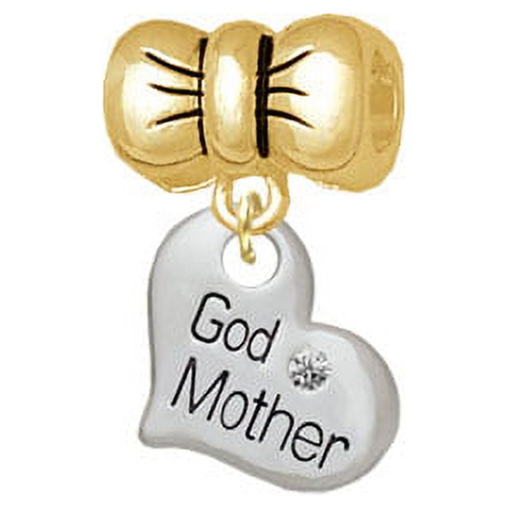 Small ''Godmother'' Heart with Clear Crystal - Gold Tone Bow Charm Bead ...