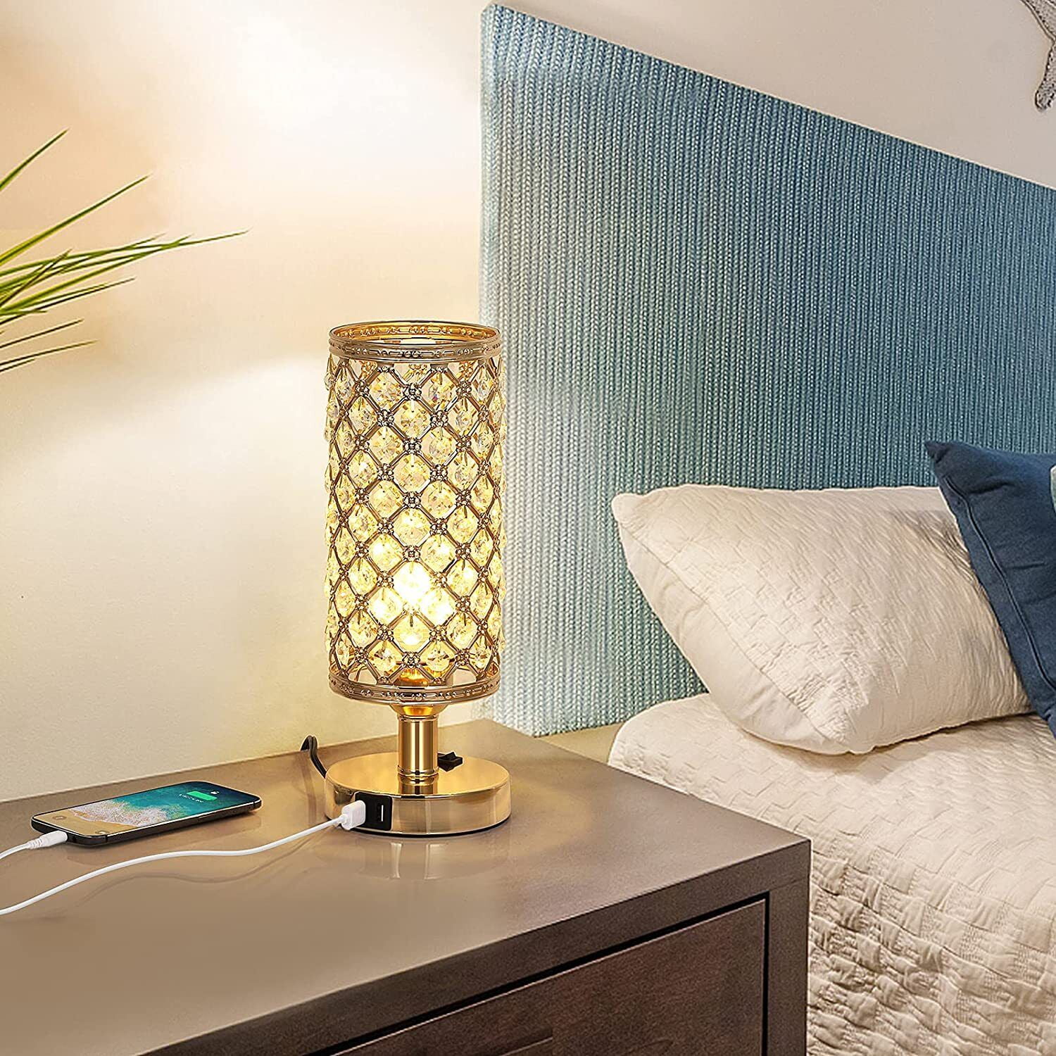 Walmart Small Gold Bedside Table Lamp with LED Light and Dual USB Ports ...