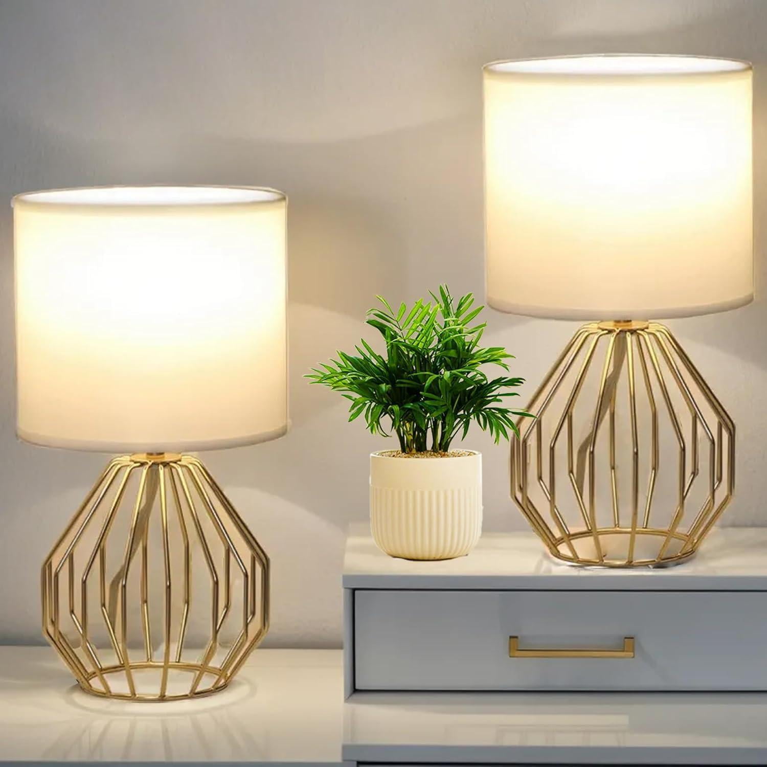 Small Gold Table Lamps, Set of 2 Bedside Nightstand Lamps with White ...