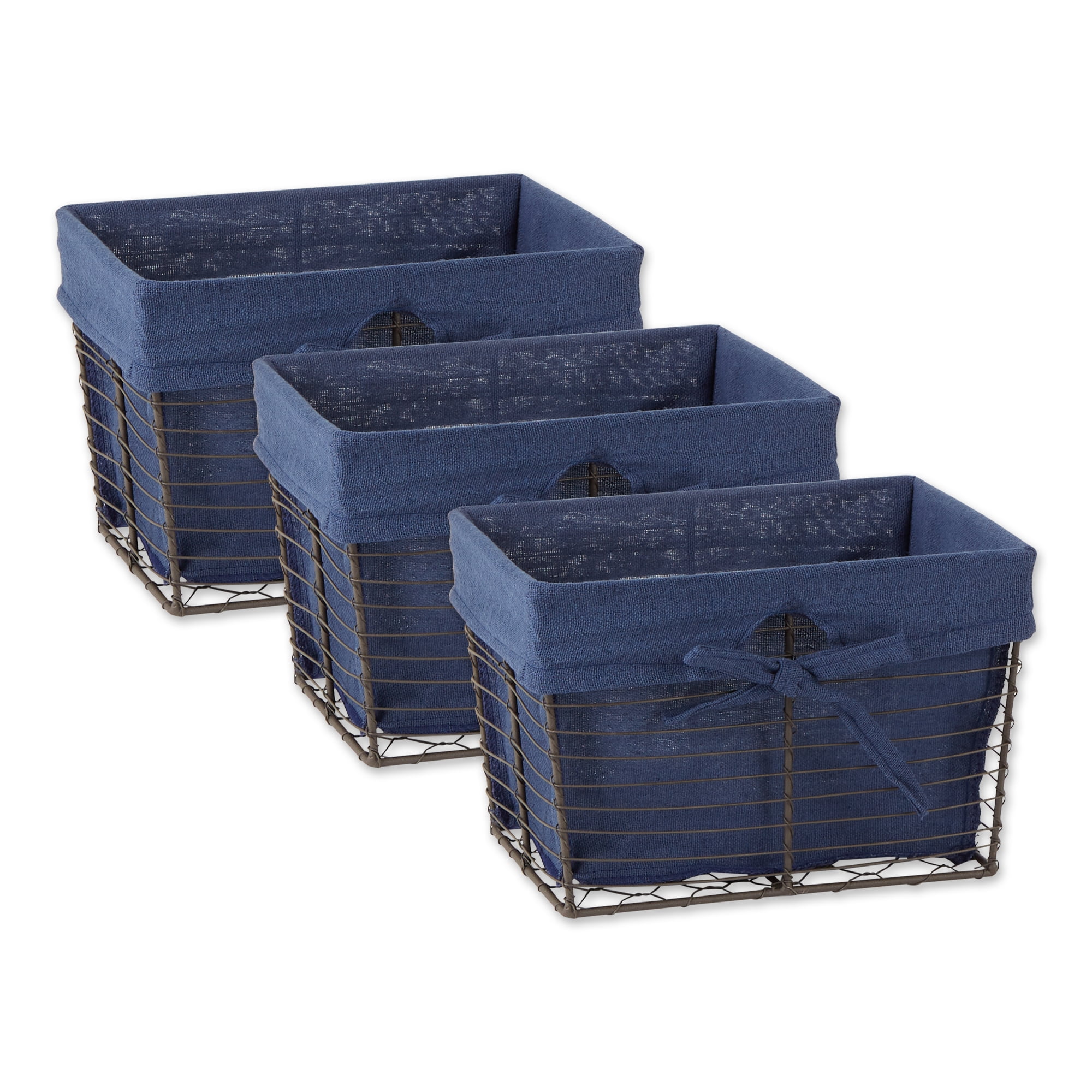 Small Gray Wire French Blue Cotton Liner Basket (Set of 3) 9x7x6 ...