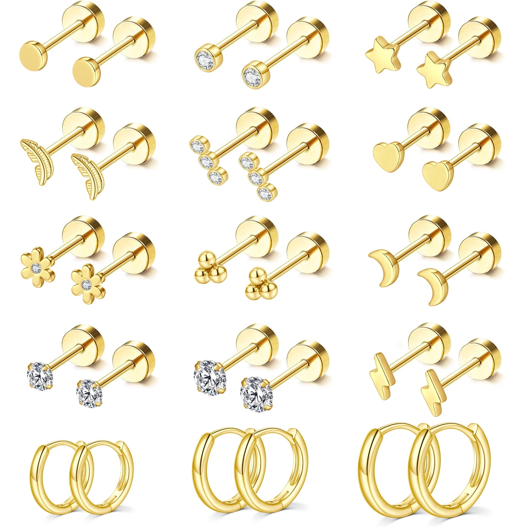 Small Hypoallergenic Flat Back Stud Earrings for Women Men 14K Gold ...