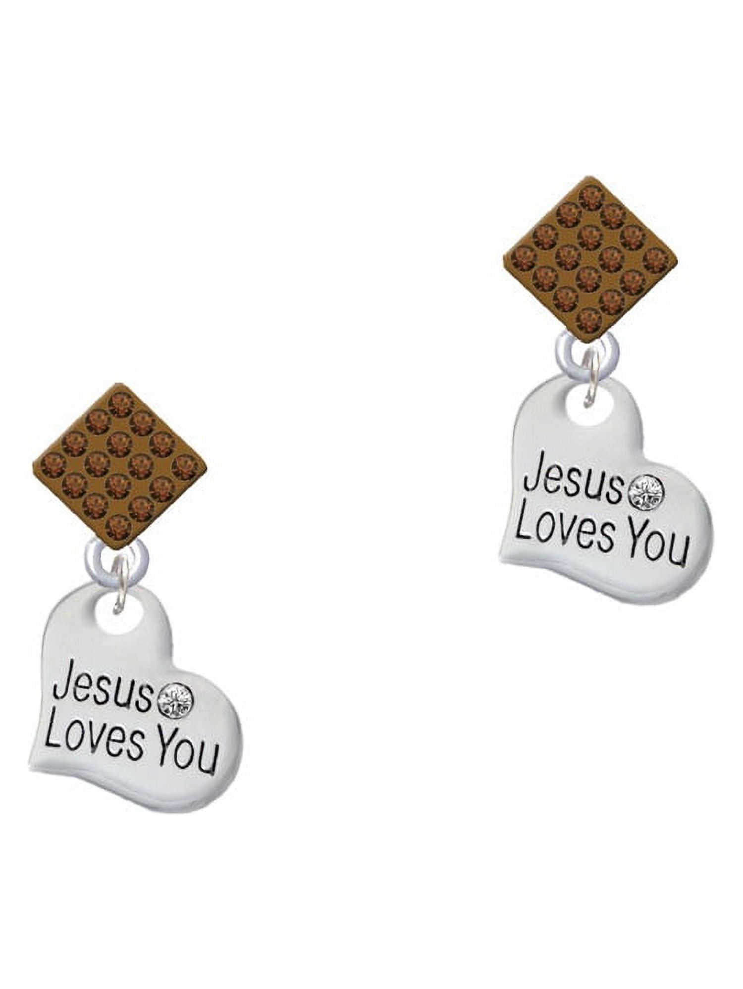 Small Jesus Loves You Heart Brown Crystal Diamond-Shape Earrings ...