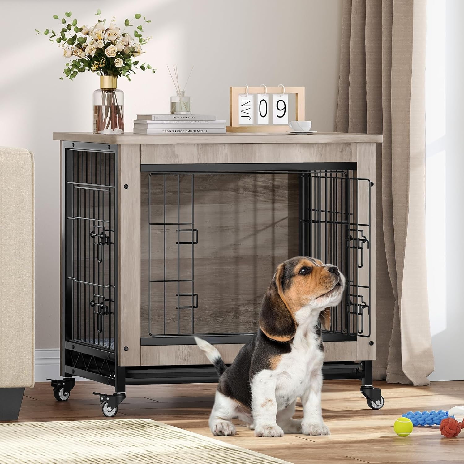 Small Kennel with Seat Cushions, Wheels, & Tray, 2-Door 27" Gray Kennel ...