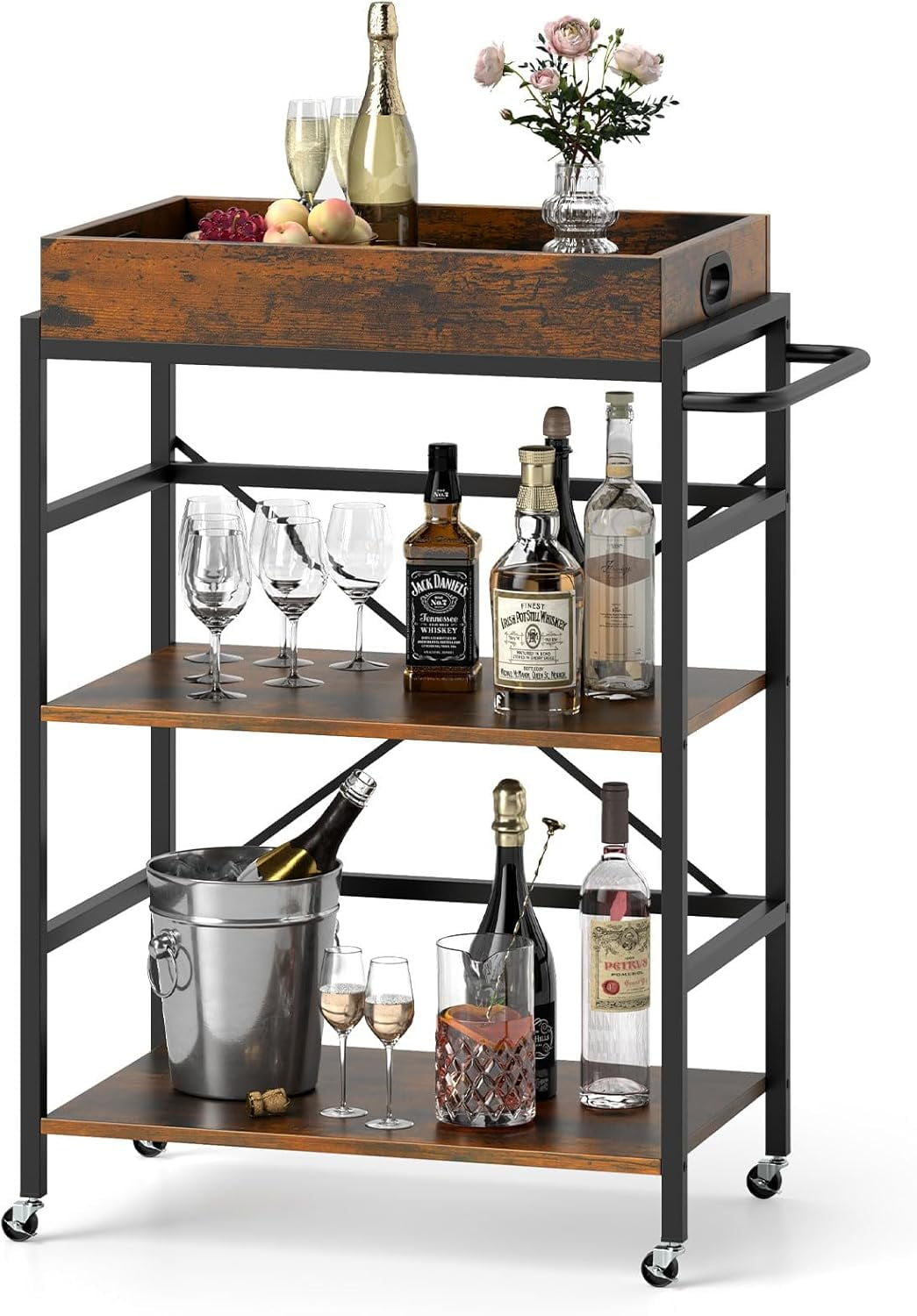 Small Kitchen Cart, 3 Tier Rolling Cart with Removable Tray & Handle ...