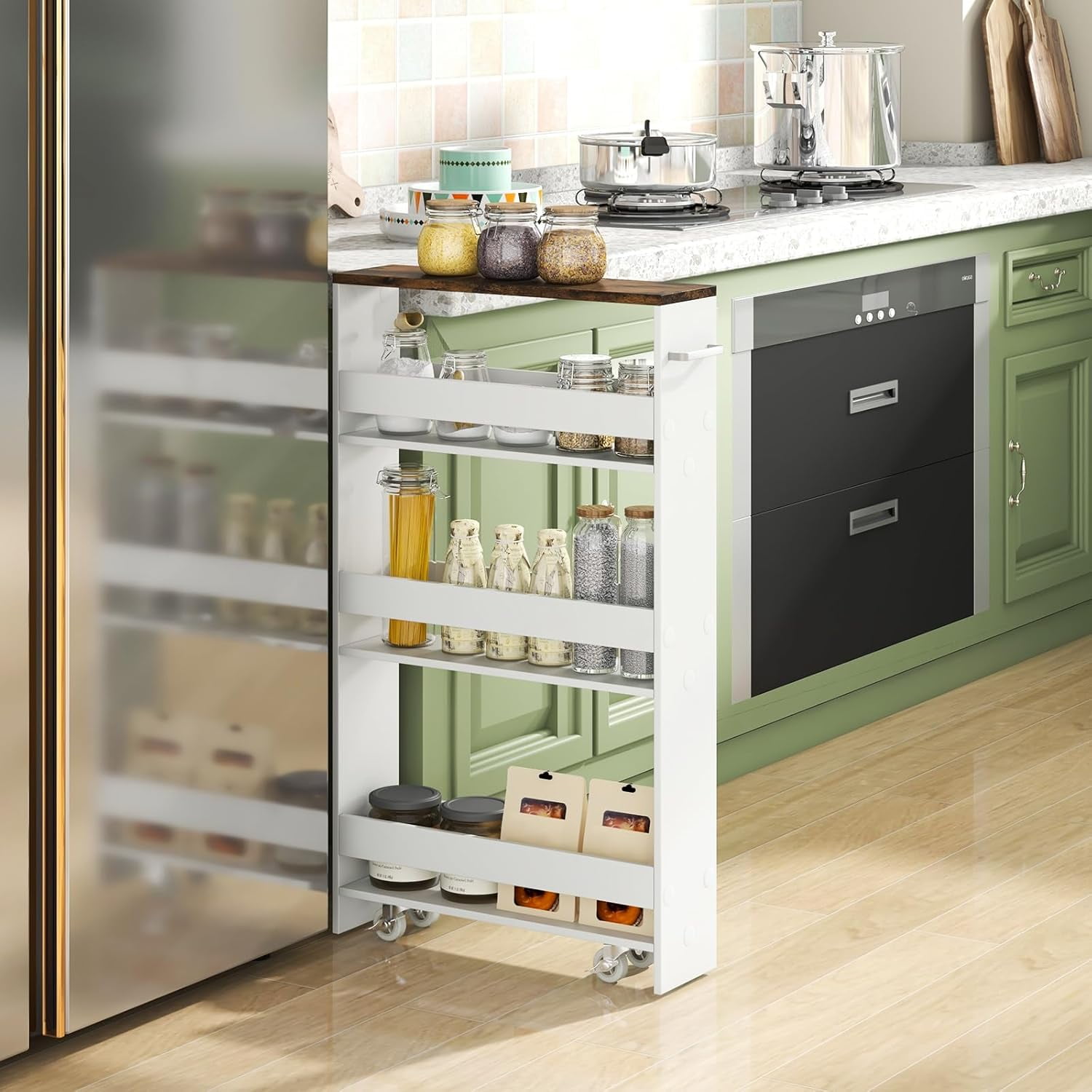 Small Kitchen Cart, Slim Rolling Island with Handle, Laundry Room ...