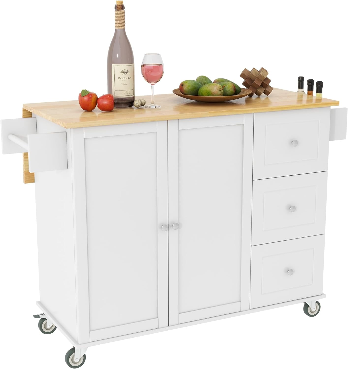 Small Kitchen Island Cart with Rubber Wood Drop Leaf Countertop Rolling Kitchen Island with ...